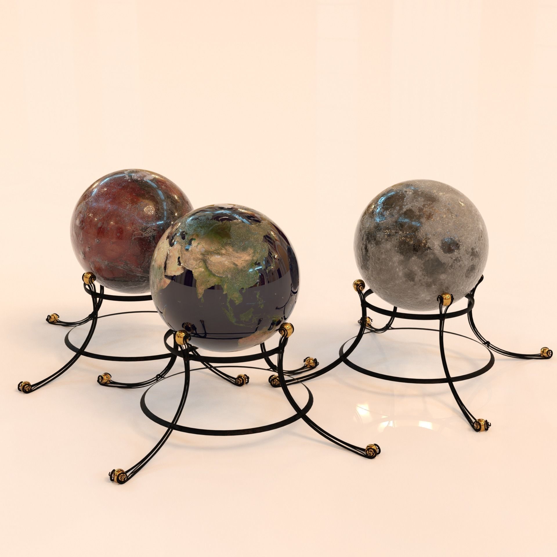 3d Model Collection Earth Moon And Mars Globe Maps Pack Vr Ar Low