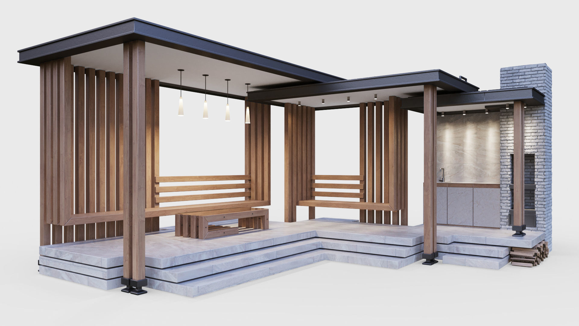 Gazebo with summer kitchen and multi-level roof 3D model | CGTrader