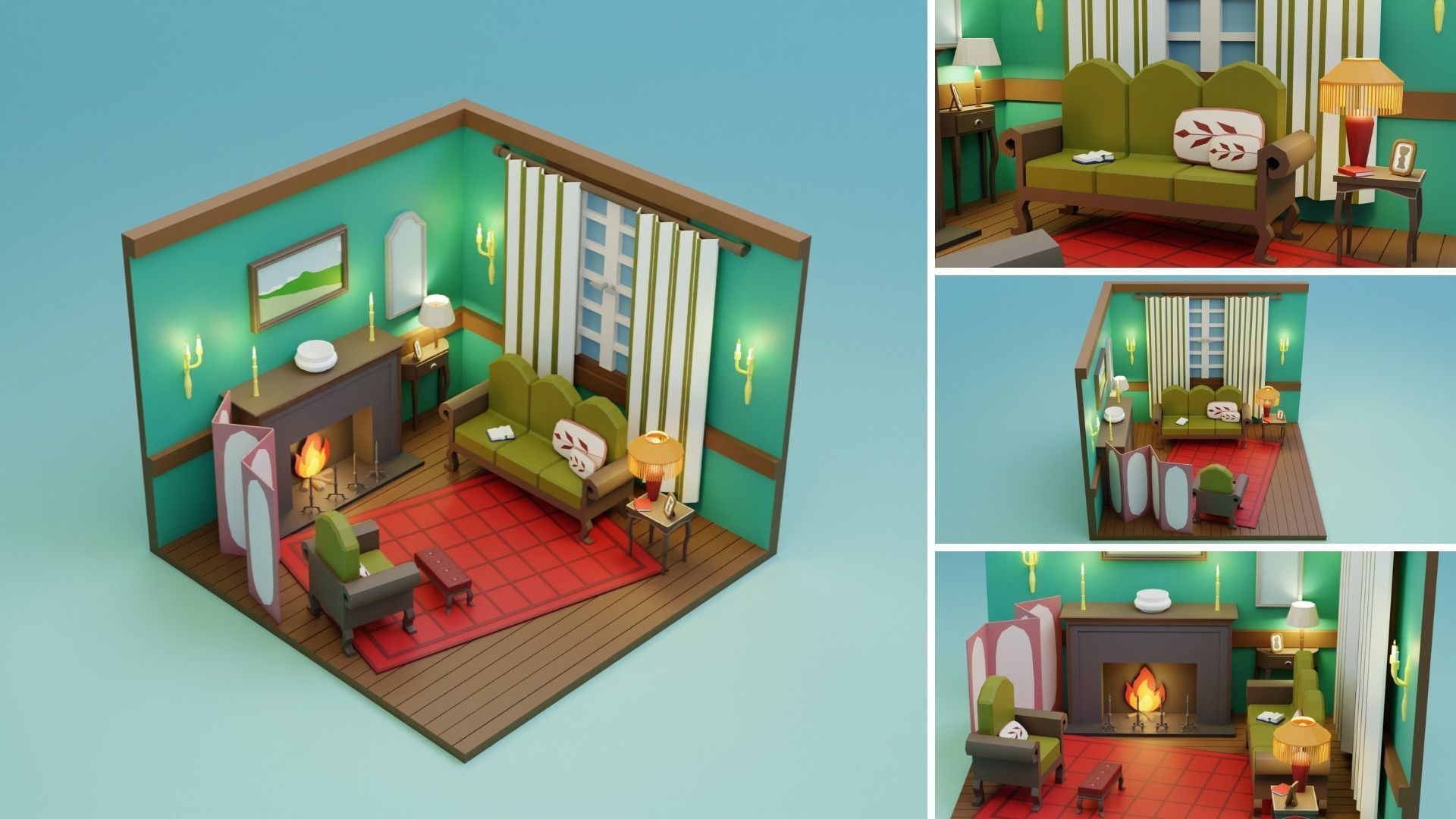 3D model Low Poly Retro Vintage Rooms Interiors 2 VR / AR / low-poly ...