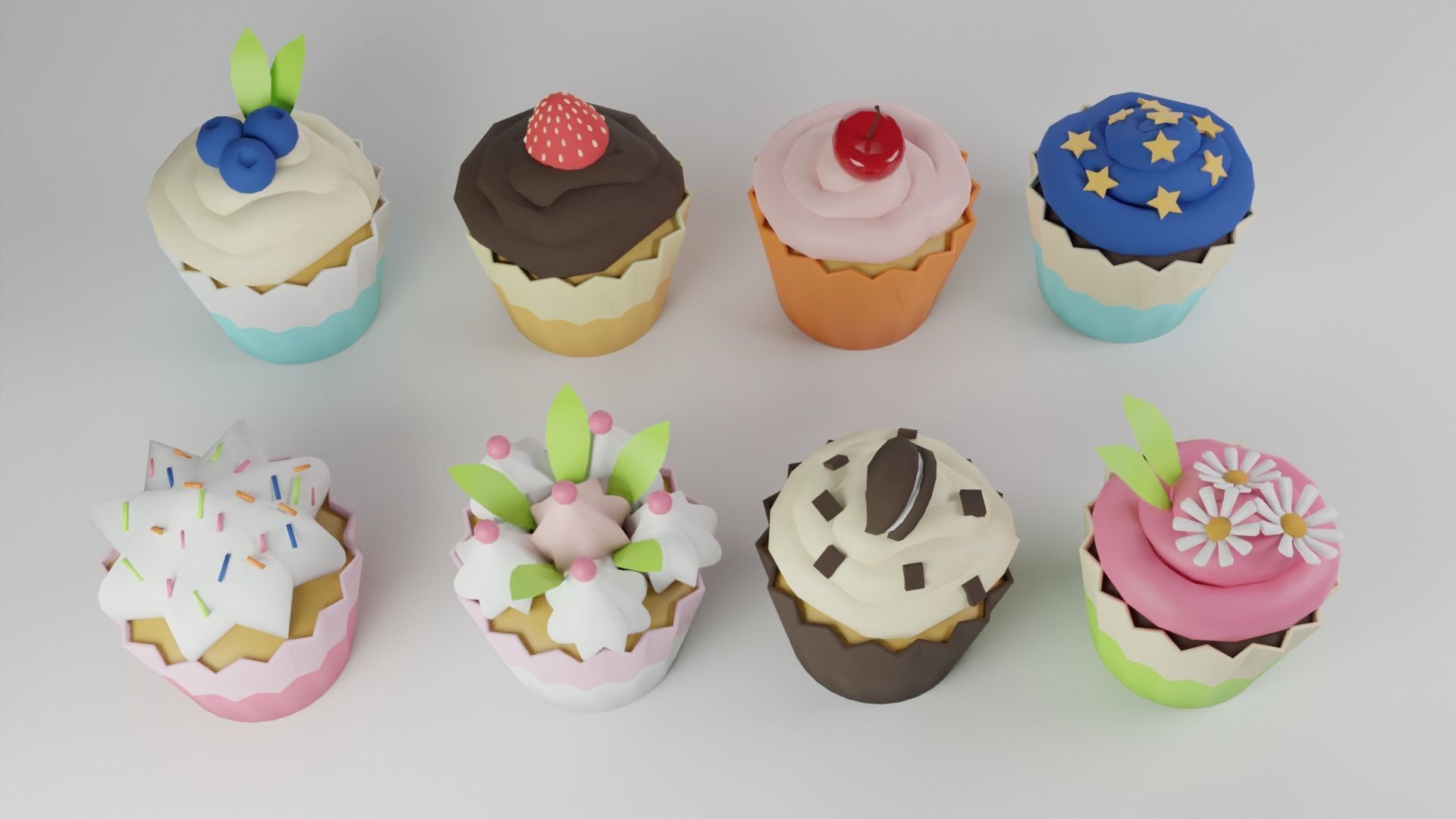 3D model Lowpoly Cupcake Set cupcakes with icing and decorations VR ...