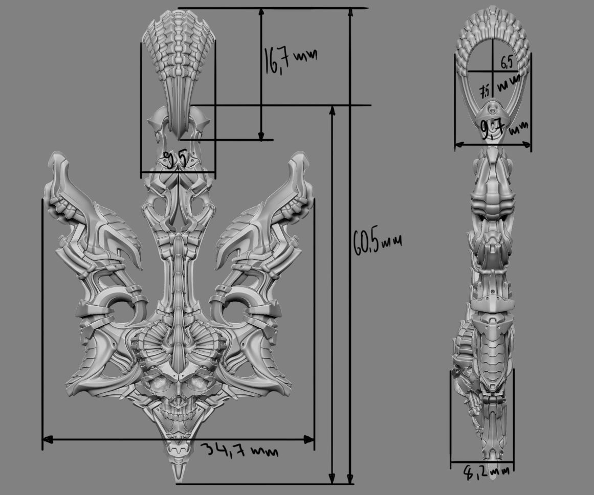Biomechanical Trident Skull Pendant 3D model 3D printable | CGTrader