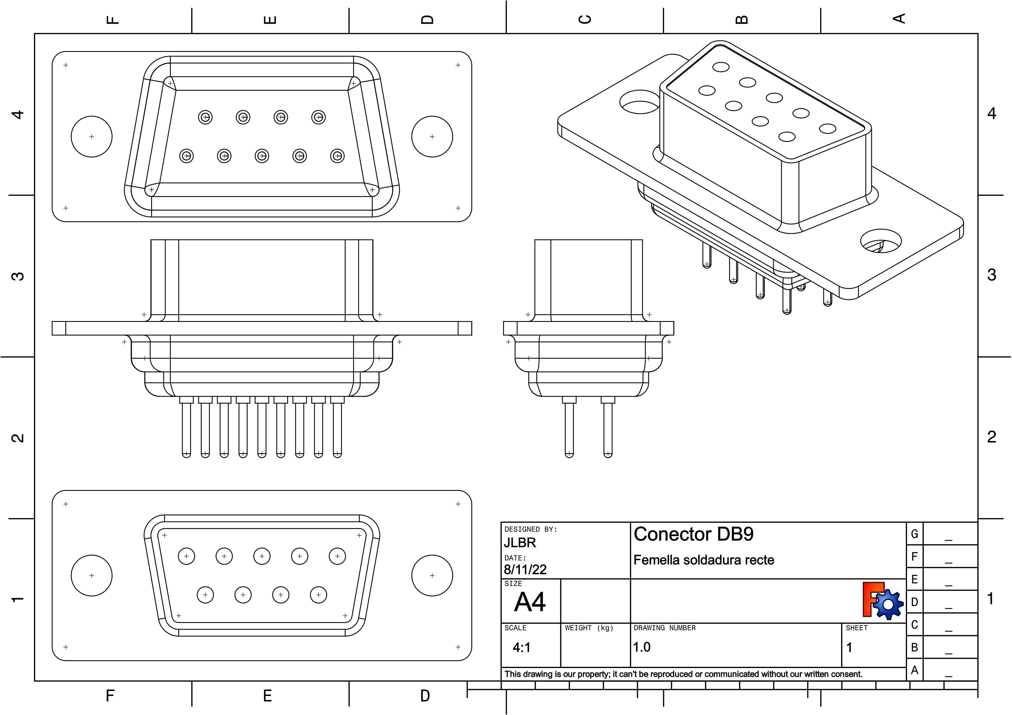 DB9 female connector through hole 3D model | CGTrader