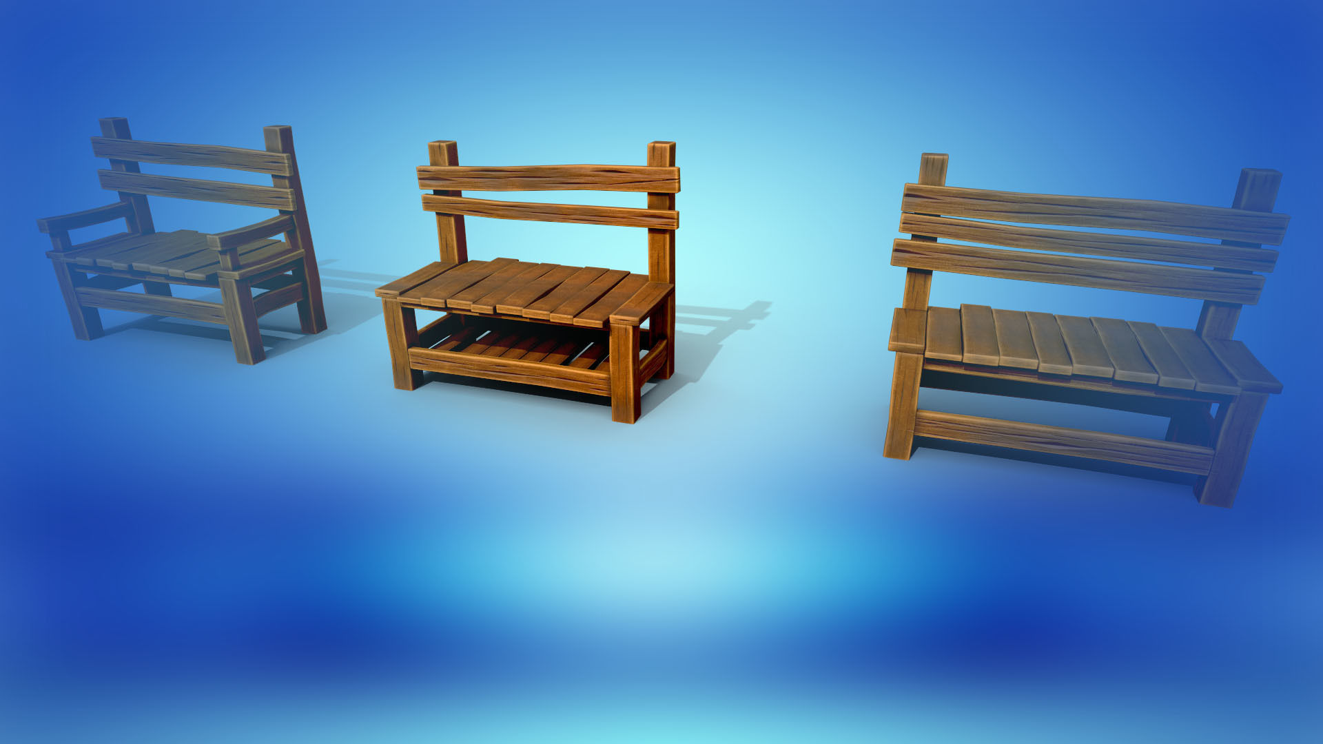 3D model Stylized bench bench 3 types PBR low-poly game ready VR / AR ...