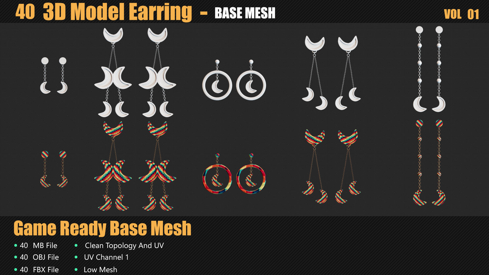 3D model 40 3D Earring Models In Maya For Game And Animation VR / AR ...