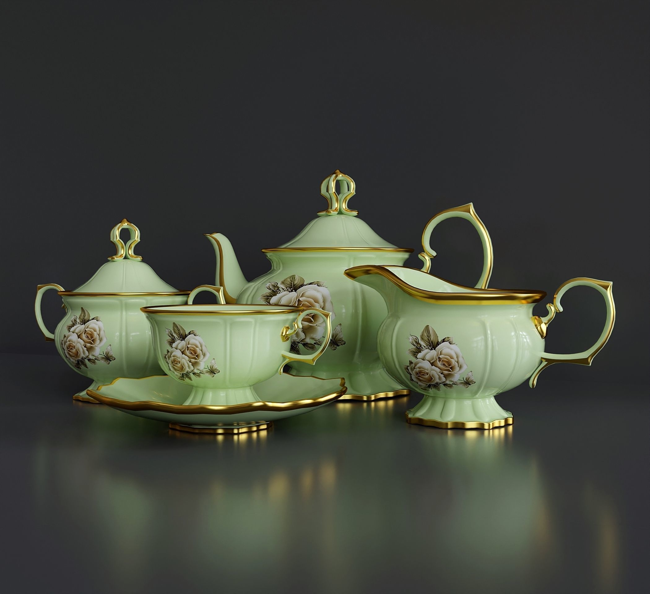 Antique porcelain tea set with flowers 3D model | CGTrader