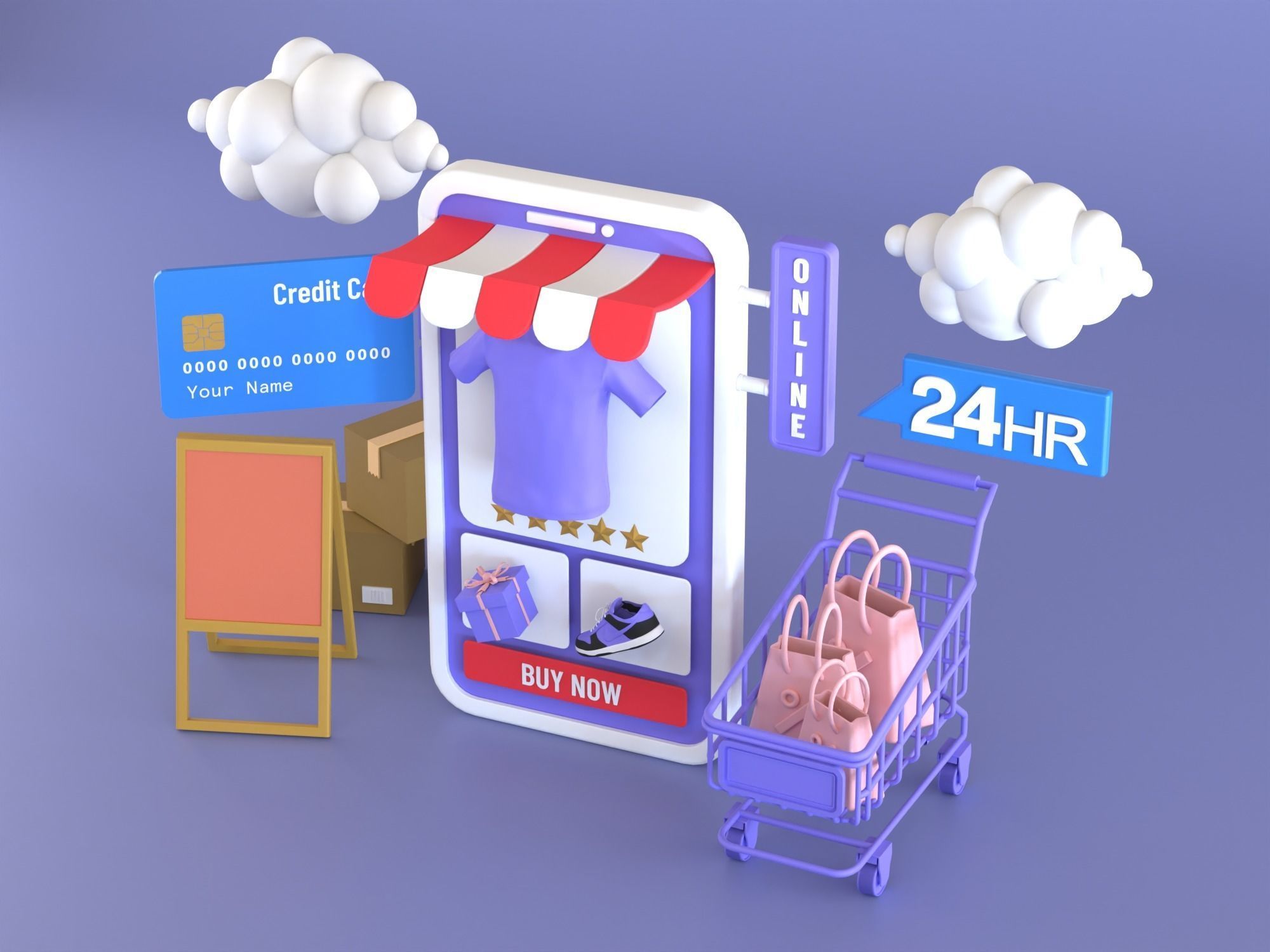 3D model Cartoon 24 Hours Shopping 3D Icon Illustrator Low Poly VR / AR ...
