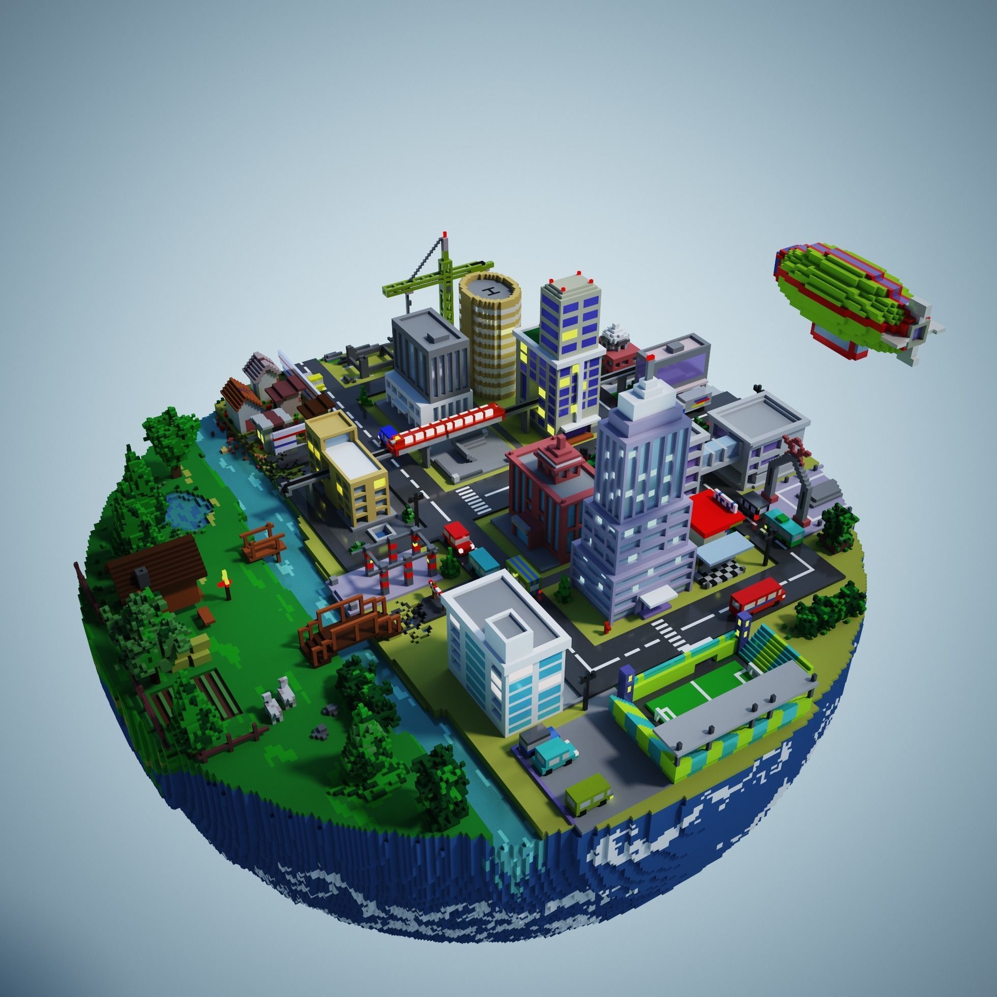 Earth with city and village landscape voxel 3D model | CGTrader