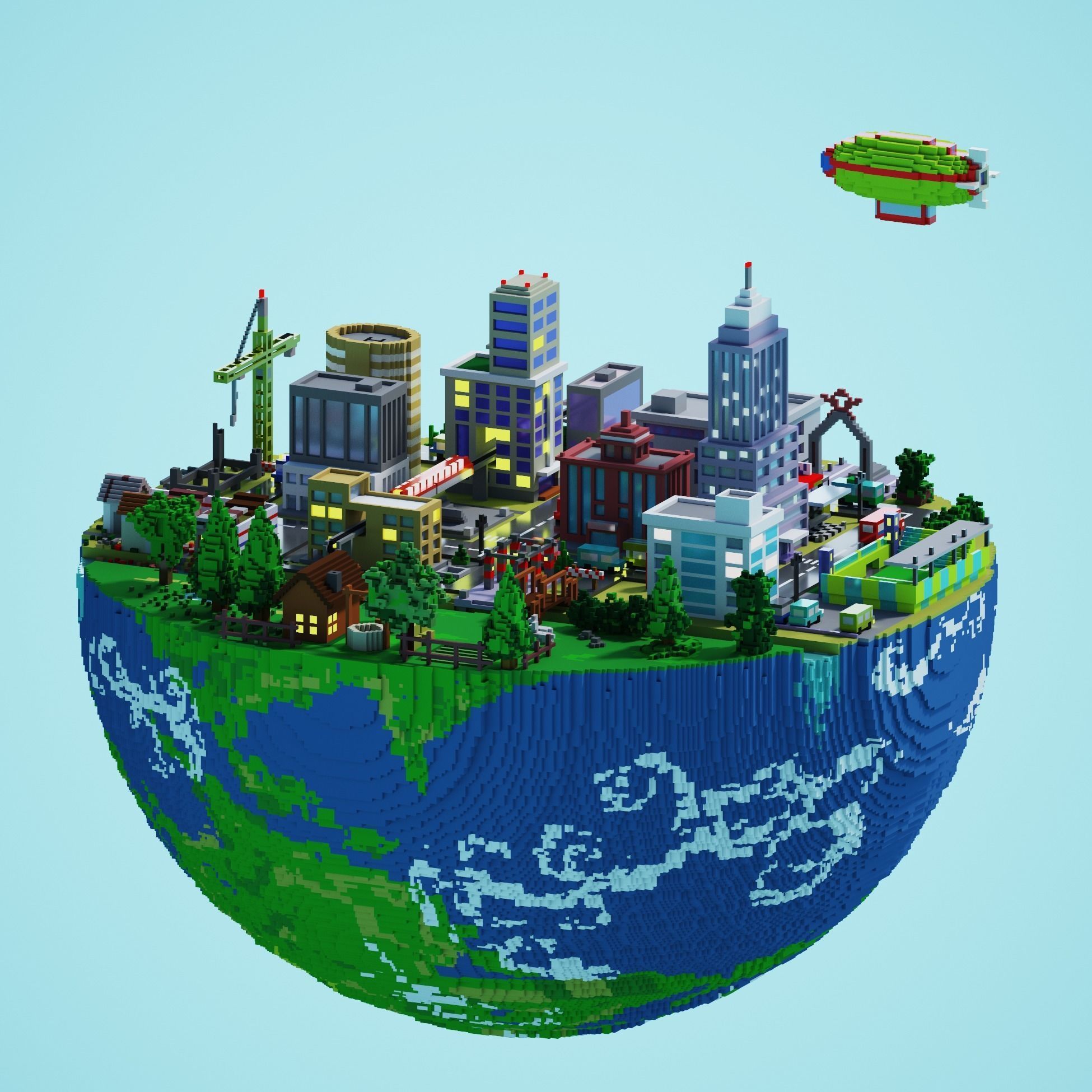 Earth with city and village landscape voxel 3D model | CGTrader