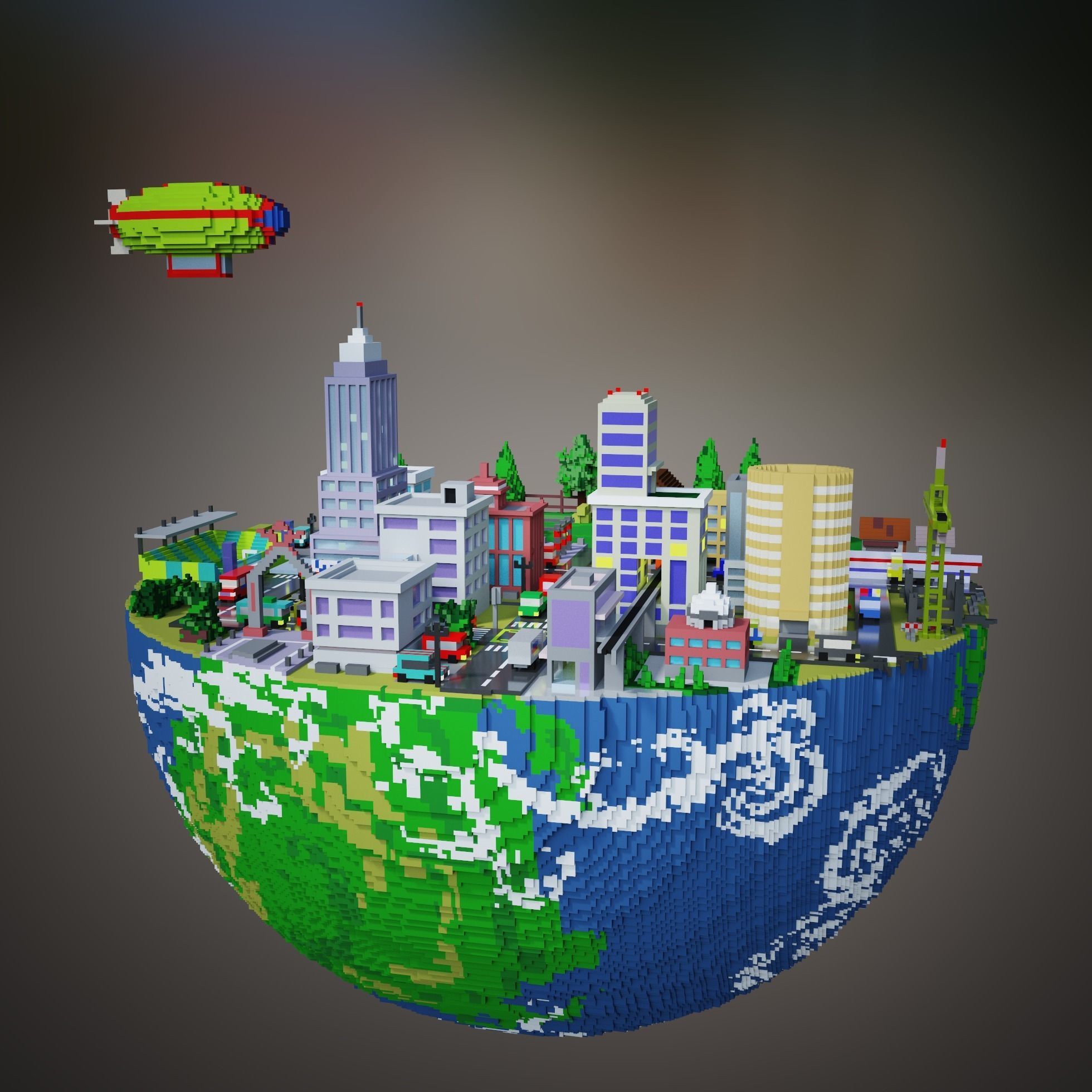 Earth with city and village landscape voxel 3D model | CGTrader