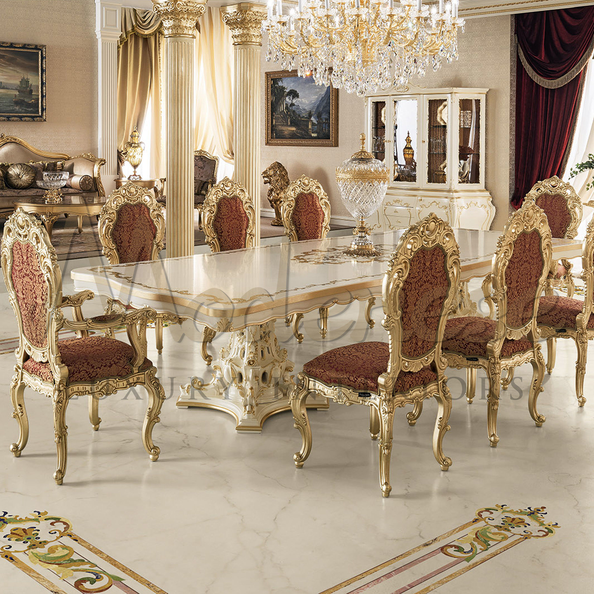 Venetian dining table in ivory finish and customized inlay 3D model ...