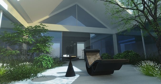 courtyard room with lounge chair and plants 3D model | CGTrader