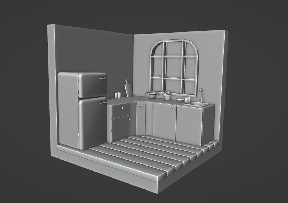 low-poly kitchen with refrigerator and microwave free 3D model | CGTrader