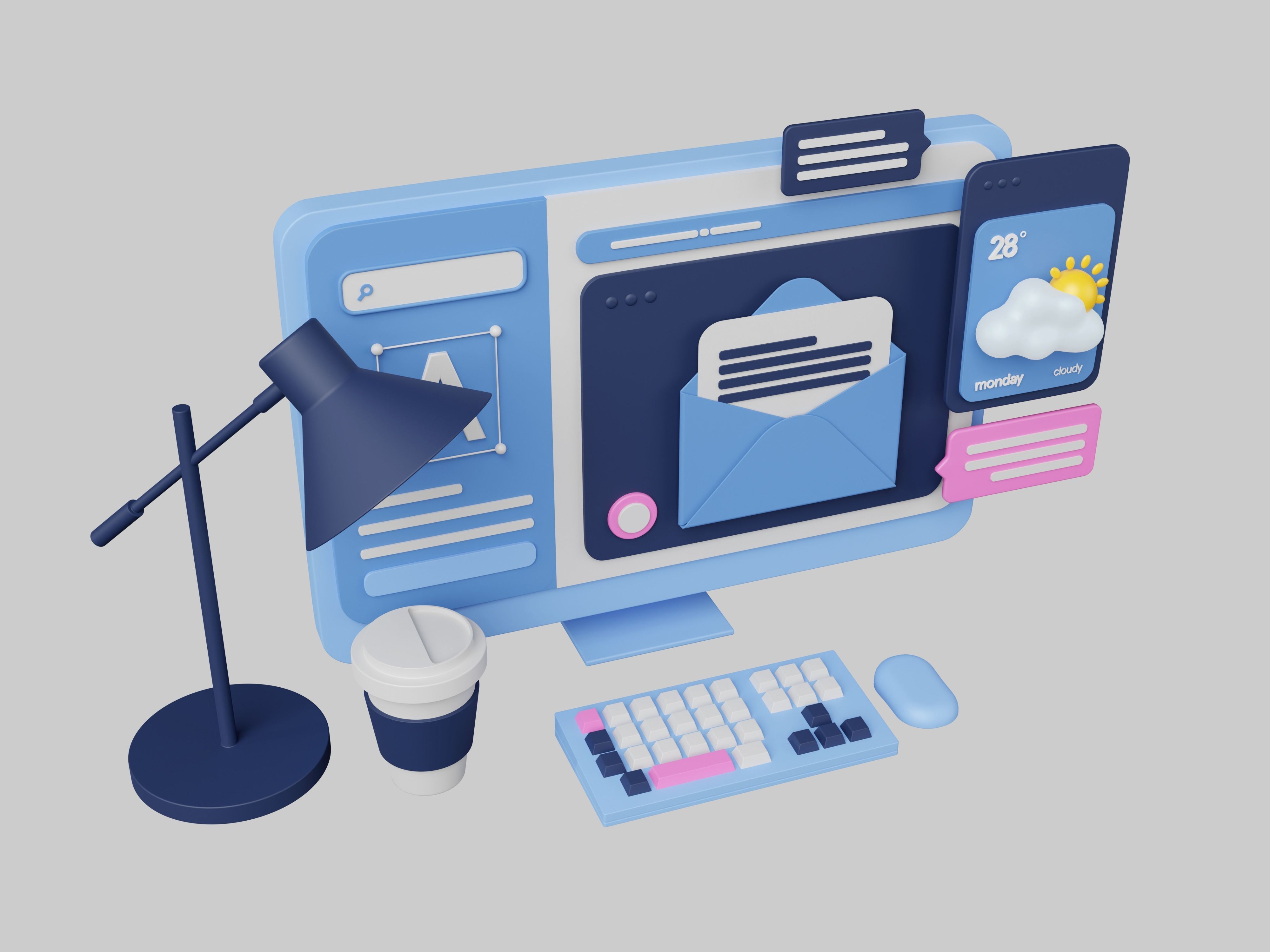 3D model Cartoon Computer with Office Life Work 3D Illustration VR / AR ...