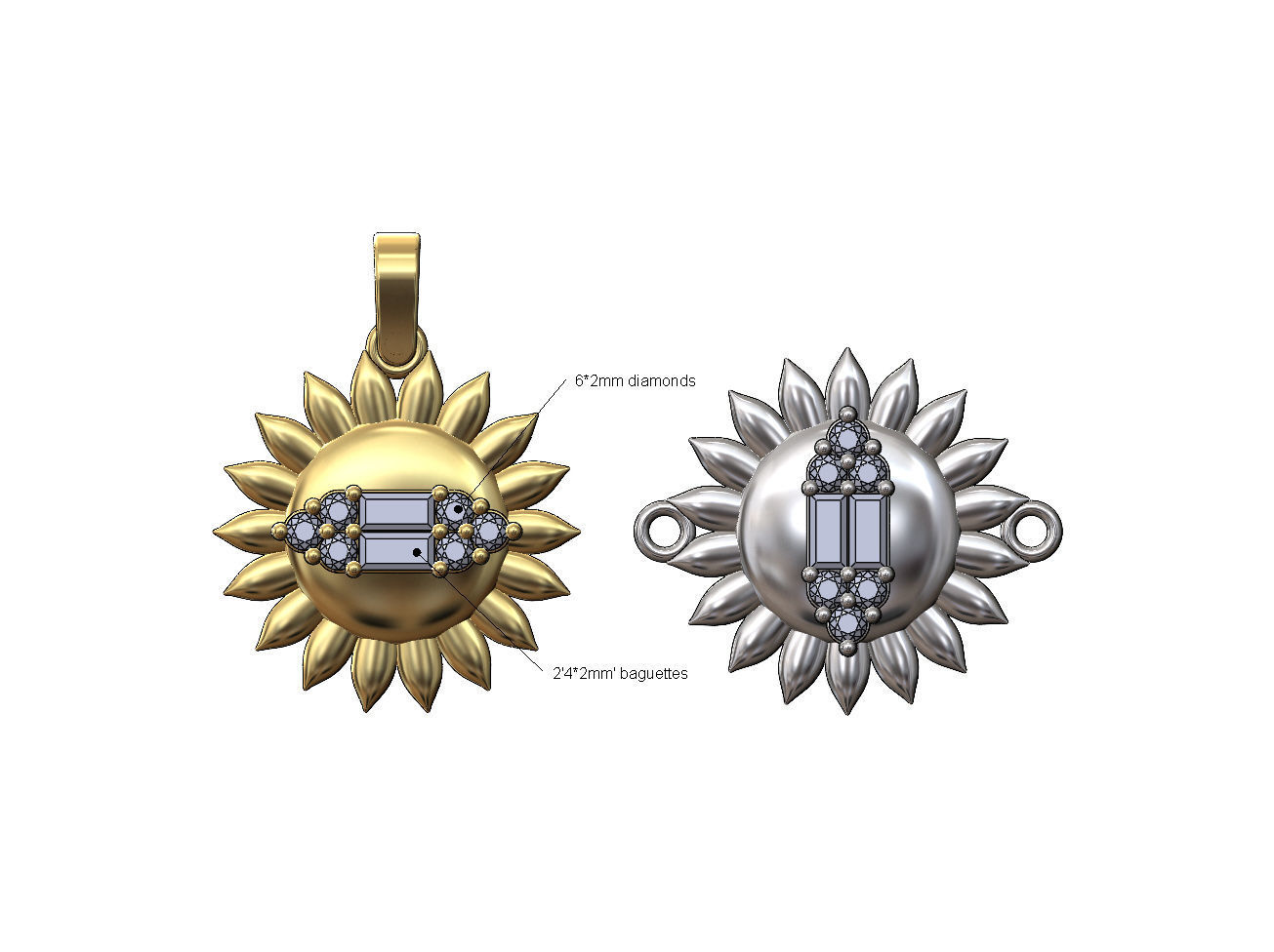 Sun baguette diamond cluster pendant and charm 3D model 3D printable ...