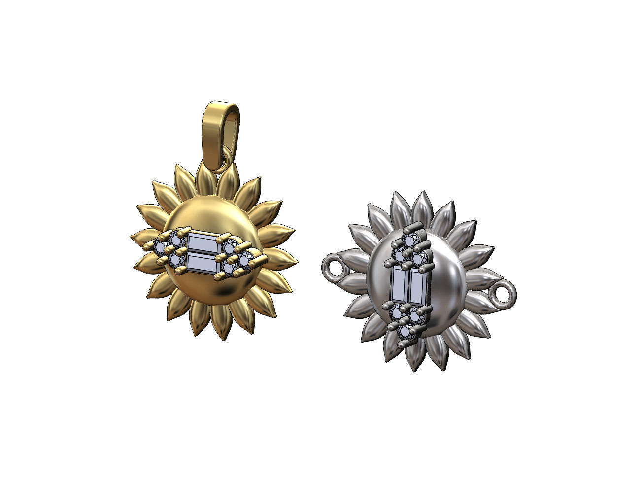 Sun baguette diamond cluster pendant and charm 3D model 3D printable ...