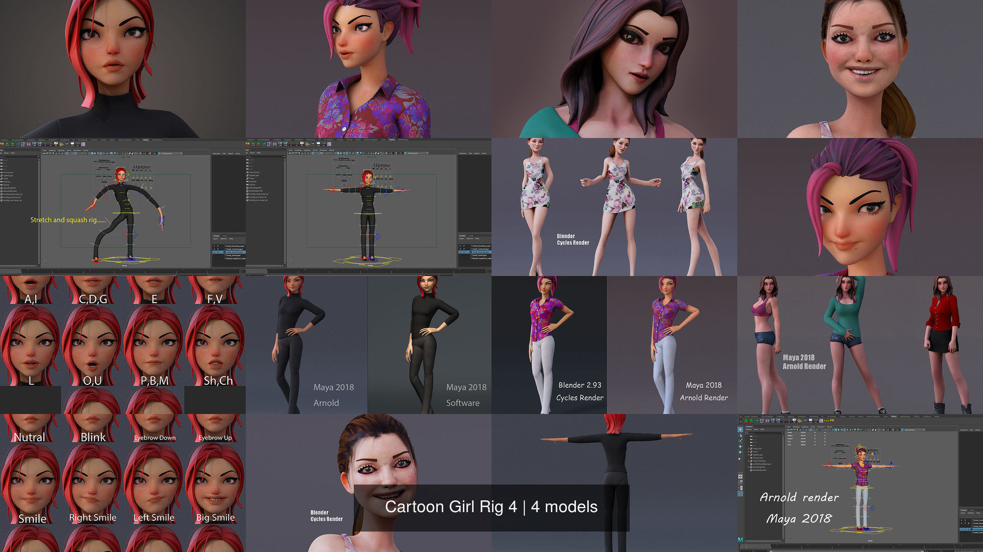 3D Model Collection Cartoon Girl Rig 4 VR / AR / low-poly | CGTrader