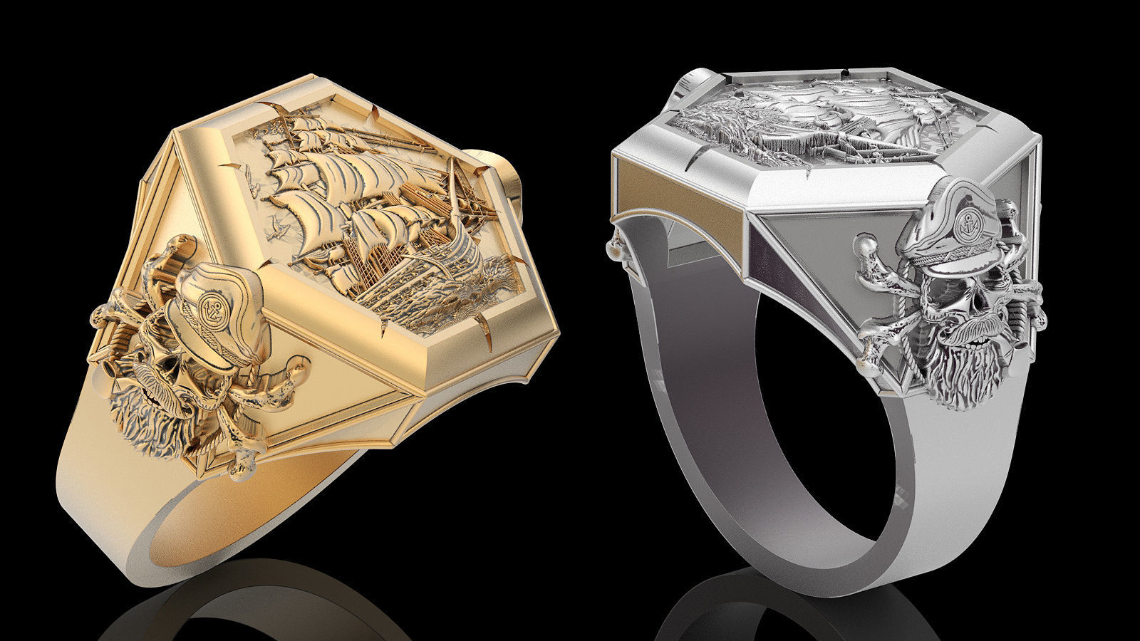 Skull pirate ship ring silver gold printable jewelry 3D model 3D model ...