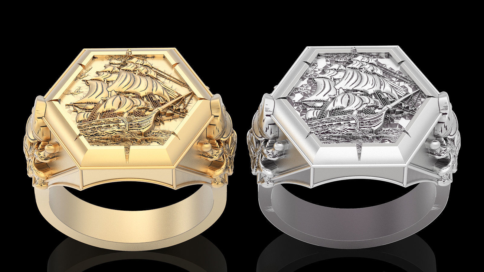 Skull pirate ship ring silver gold printable jewelry 3D model 3D model ...