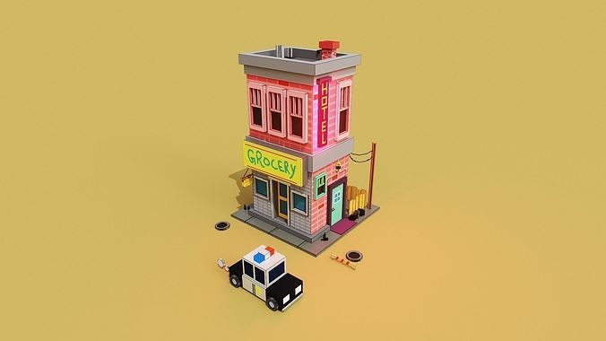 Voxel 3d hotel with grocery store and a police car 3D model | CGTrader