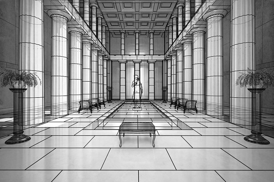 Fancy Hall With Statues And Fountian Scene 3D model | CGTrader