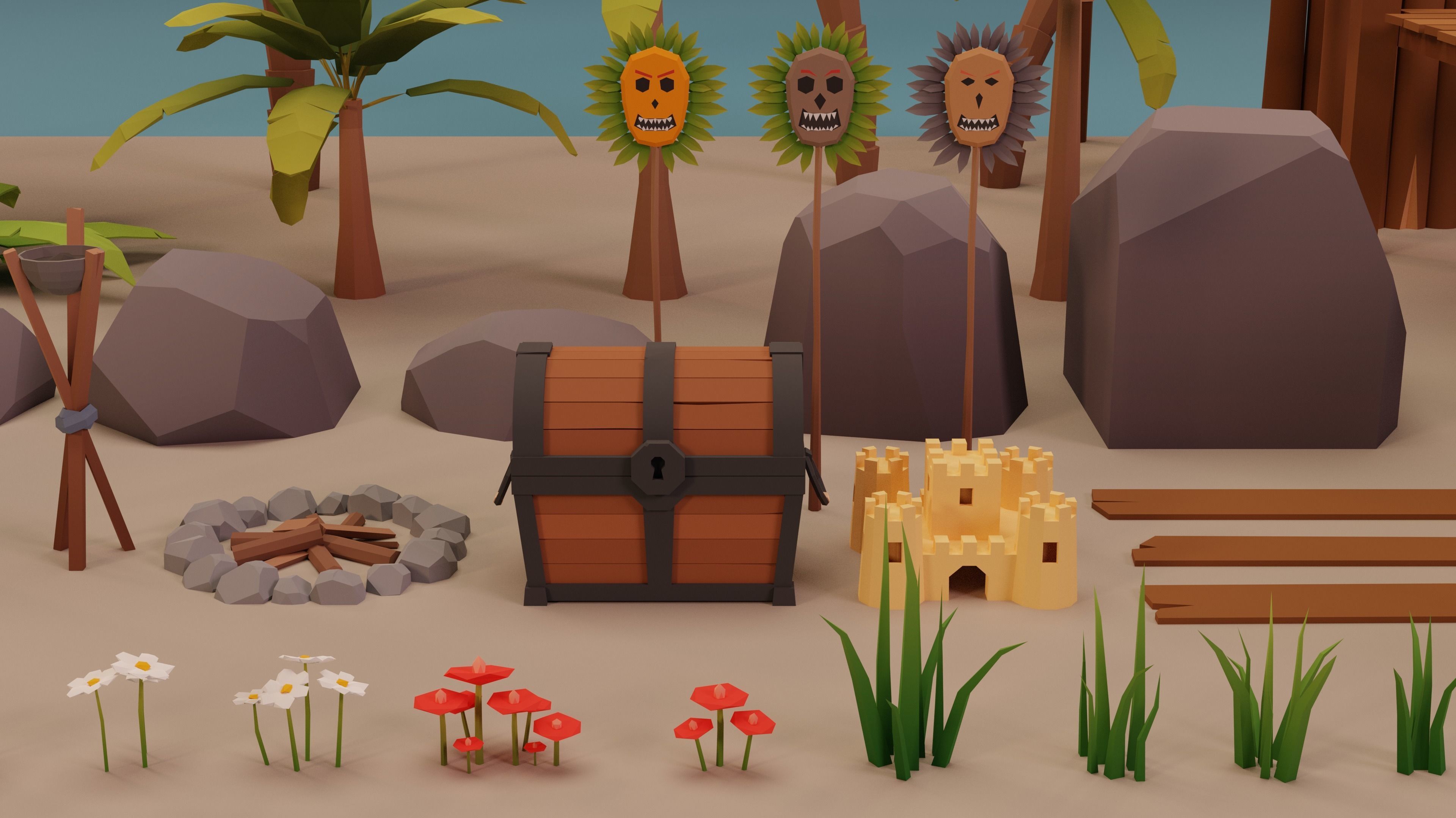3D model Low Poly Tropical Nature - Palm trees grass plants and rocks ...
