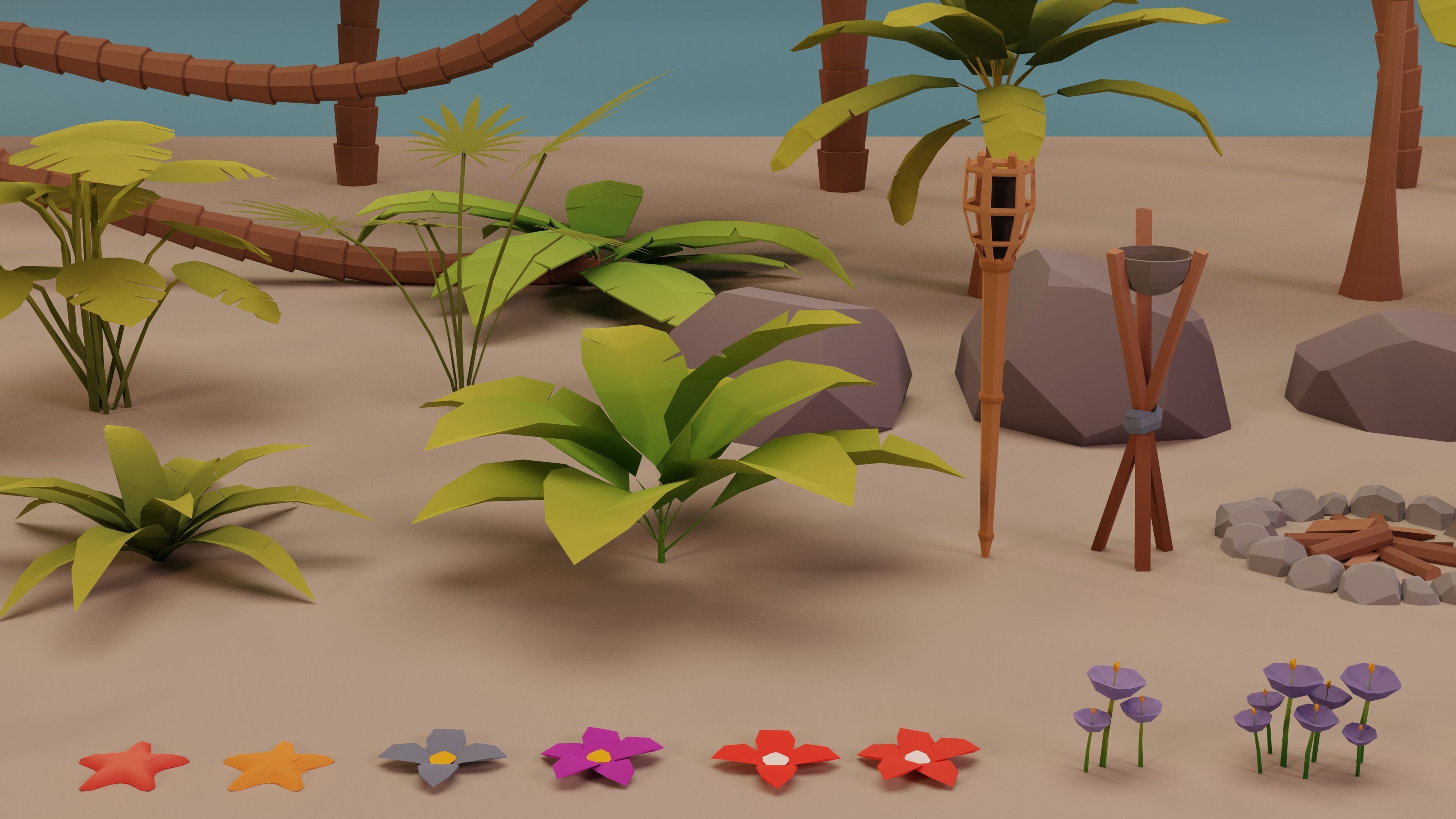 3D model Low Poly Tropical Nature - Palm trees grass plants and rocks ...