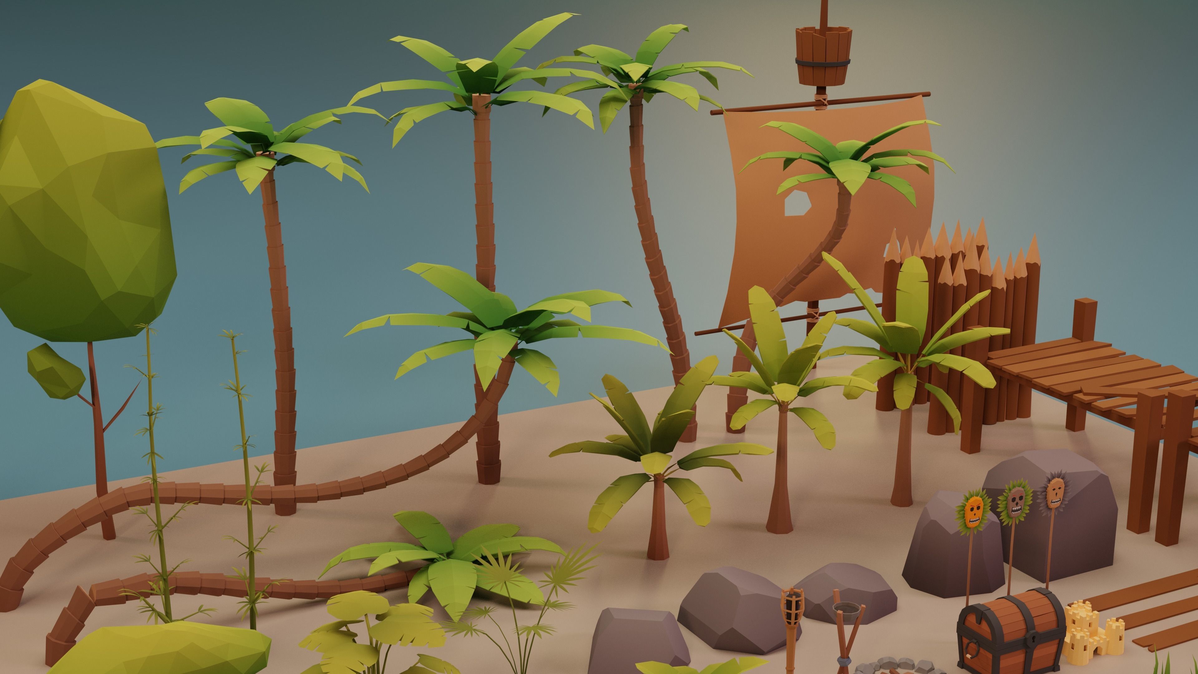 3D model Low Poly Tropical Nature - Palm trees grass plants and rocks ...