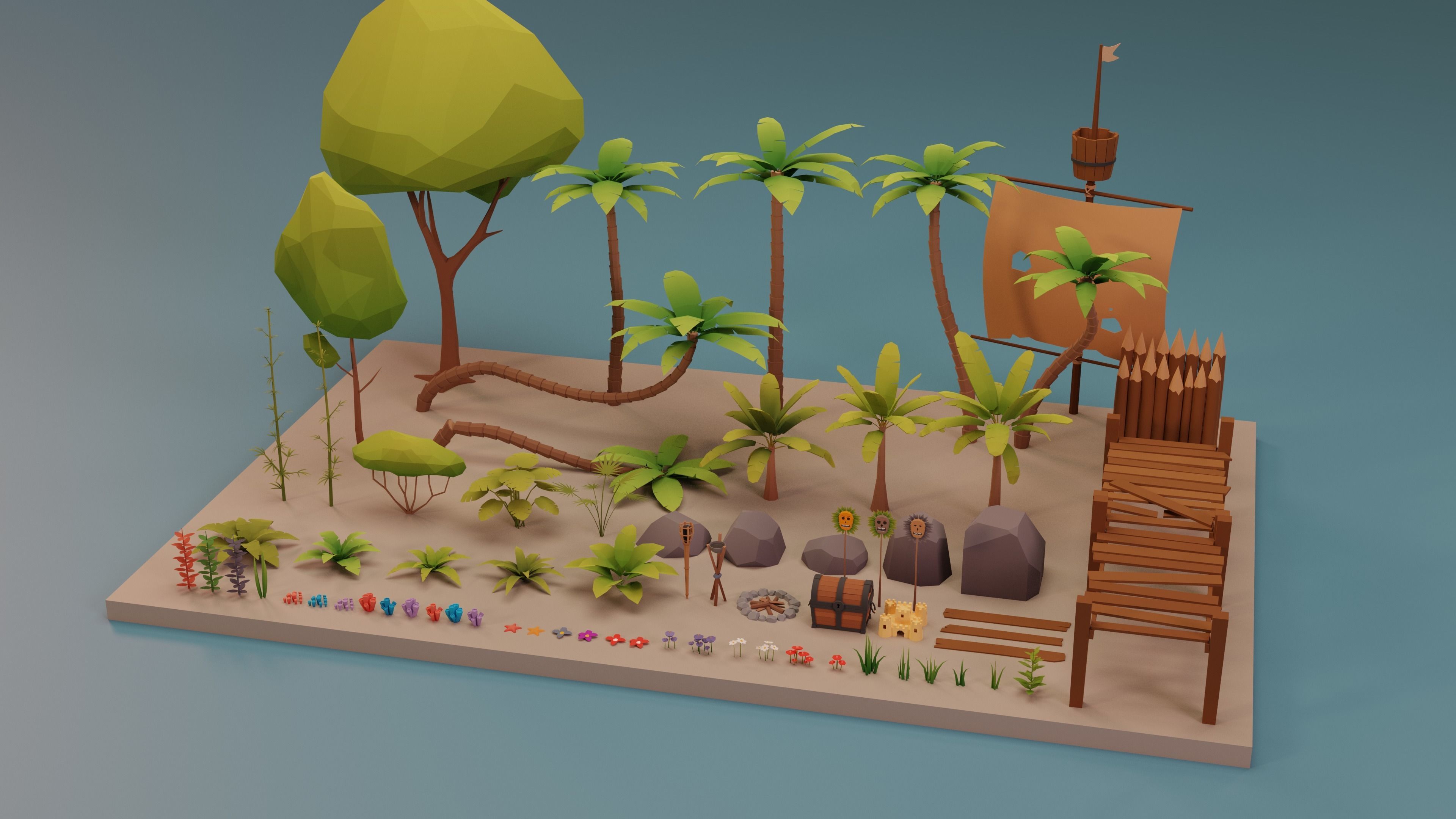 3D model Low Poly Tropical Nature - Palm trees grass plants and rocks ...