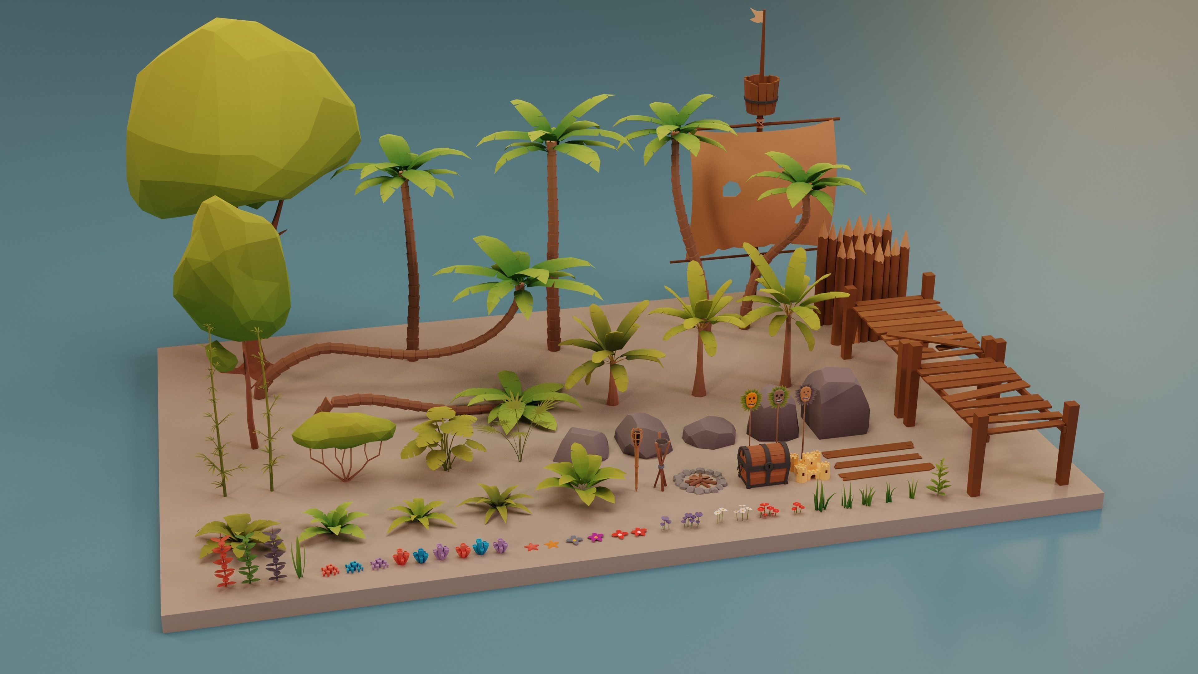 3D model Low Poly Tropical Nature - Palm trees grass plants and rocks ...
