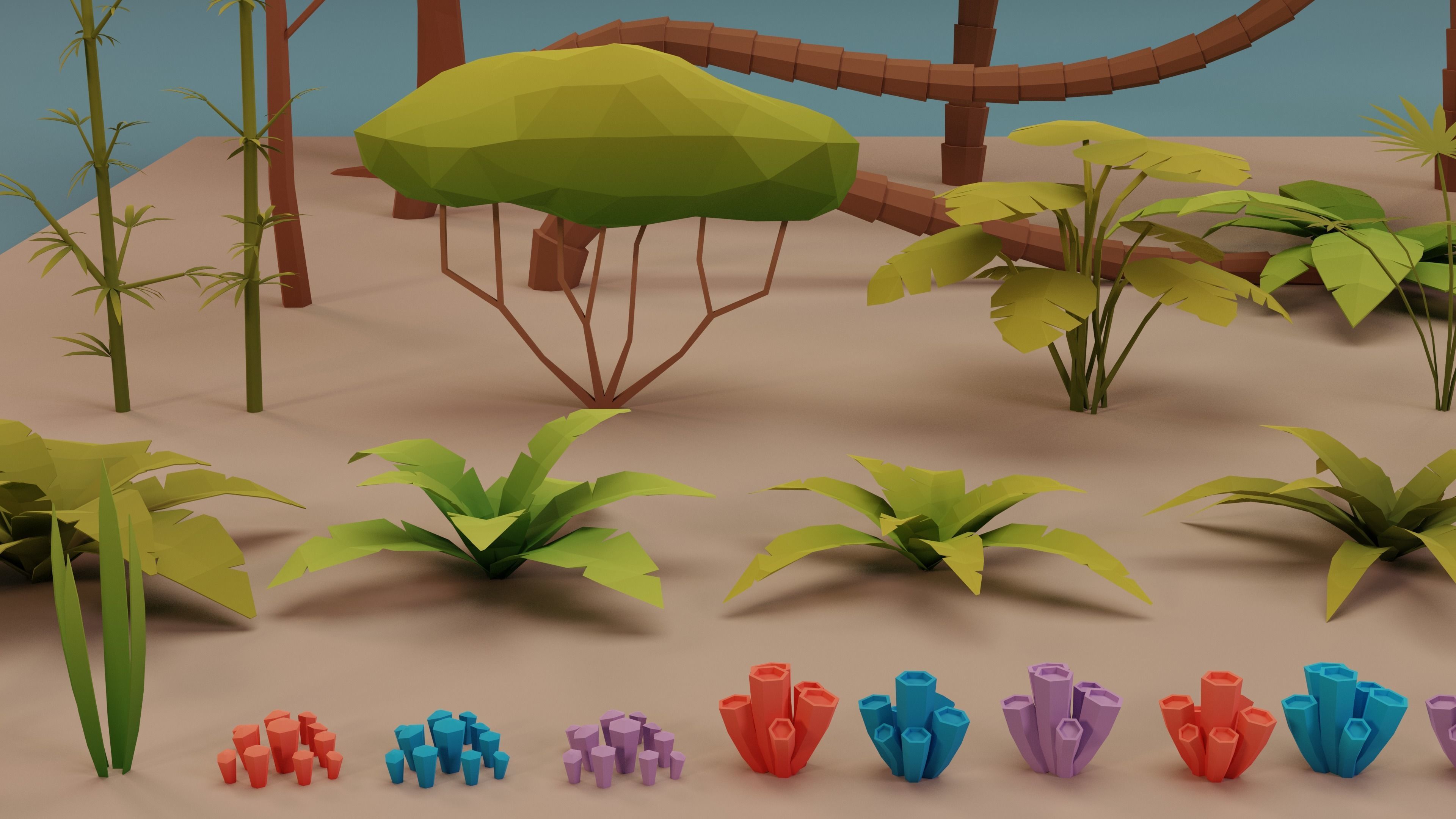 3D model Low Poly Tropical Nature - Palm trees grass plants and rocks ...