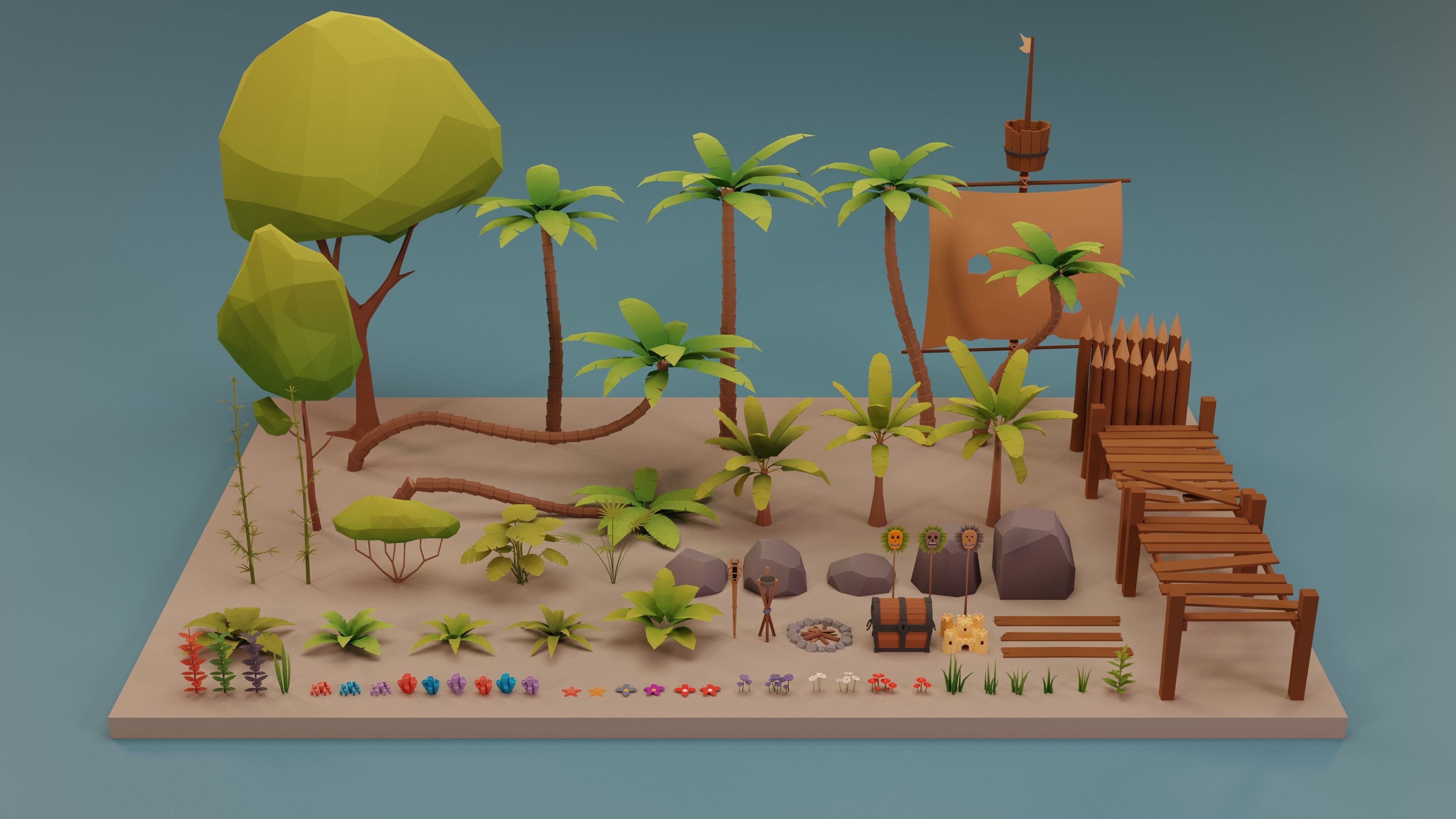 3D model Low Poly Tropical Nature - Palm trees grass plants and rocks ...
