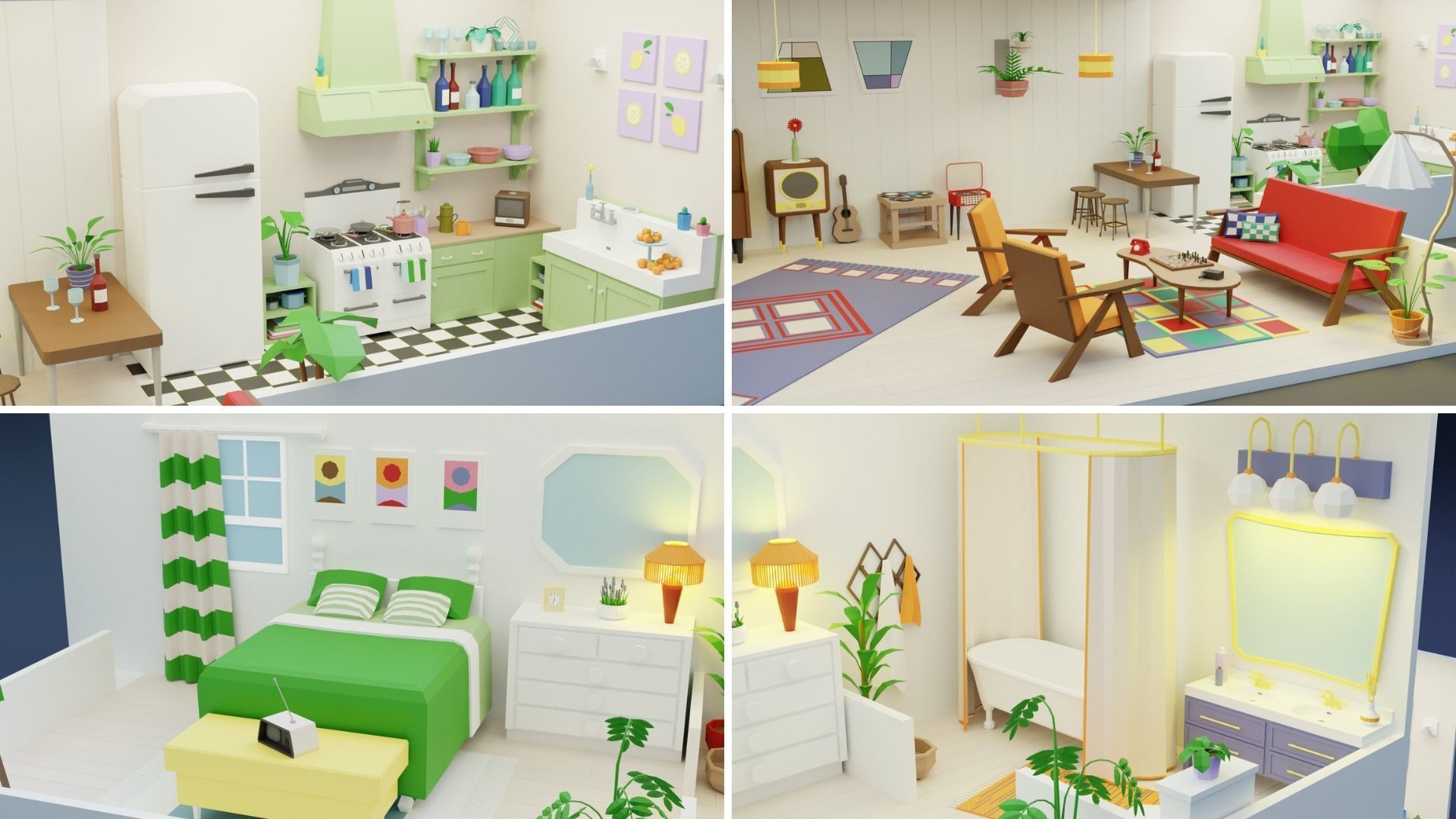 3D model Low Poly Retro Apartments Interiors Pack VR / AR / low-poly ...