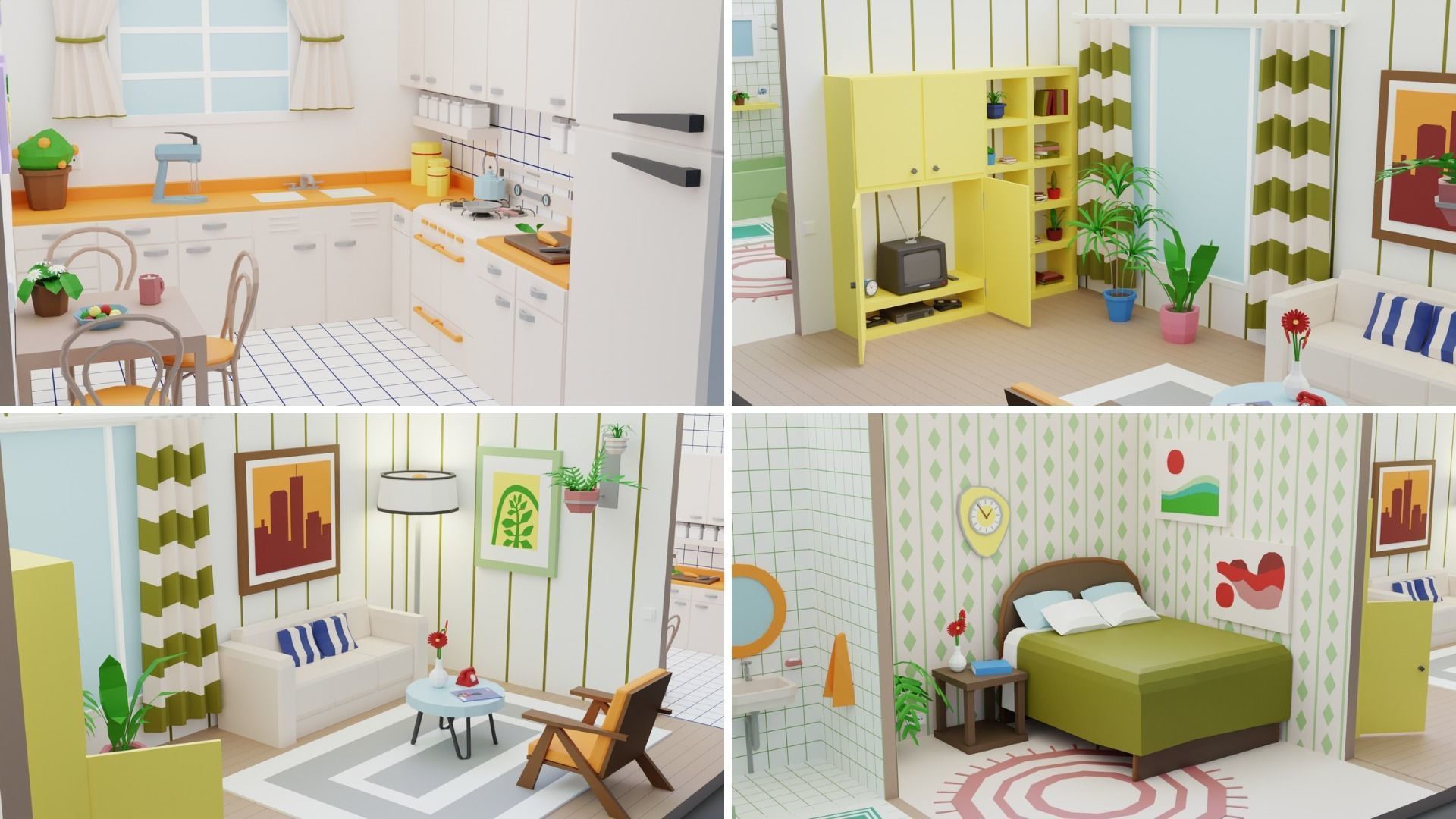 3D model Low Poly Retro Apartments Interiors Pack VR / AR / low-poly ...