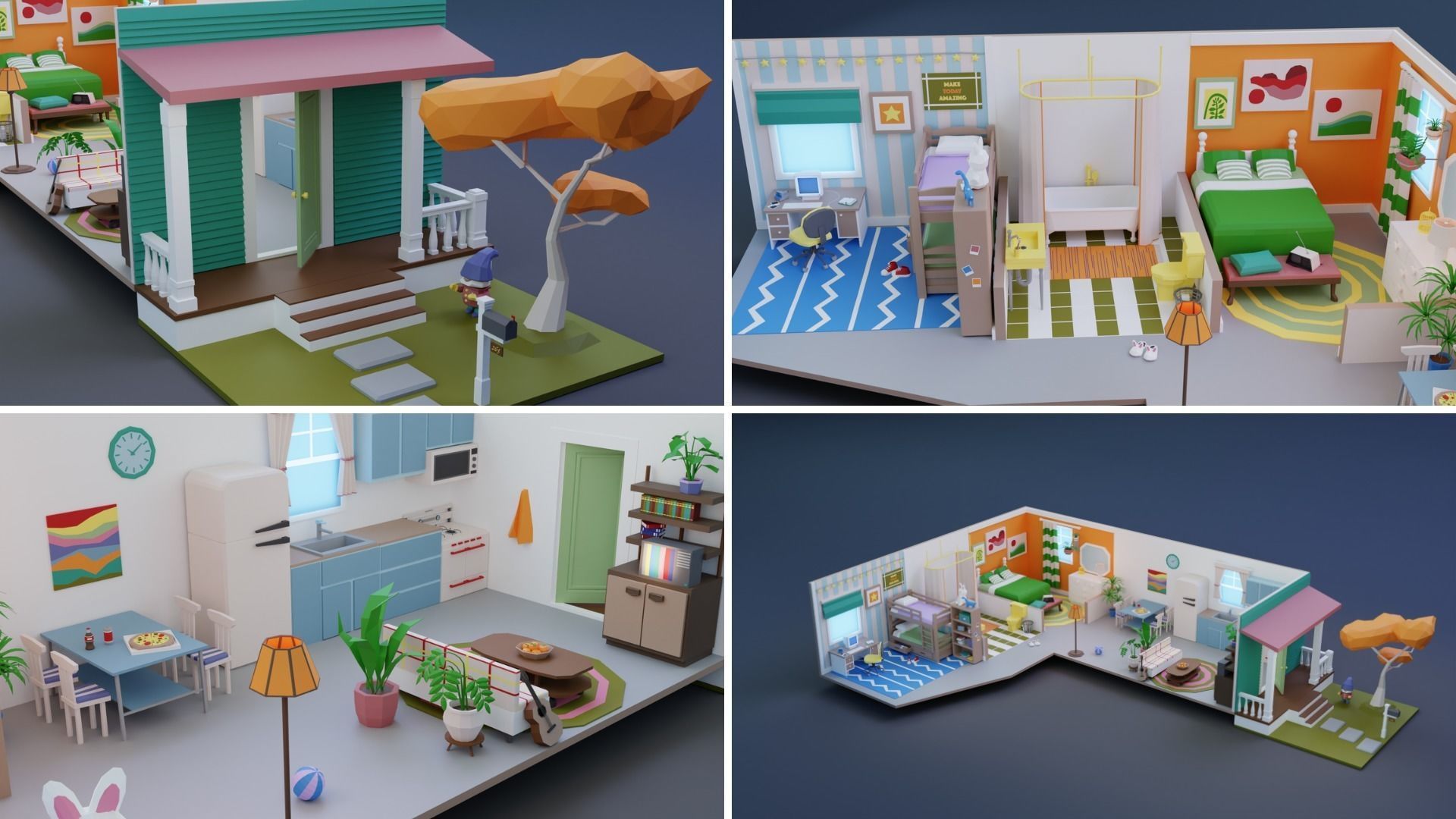 3D model Low Poly Retro Apartments Interiors Pack VR / AR / low-poly ...