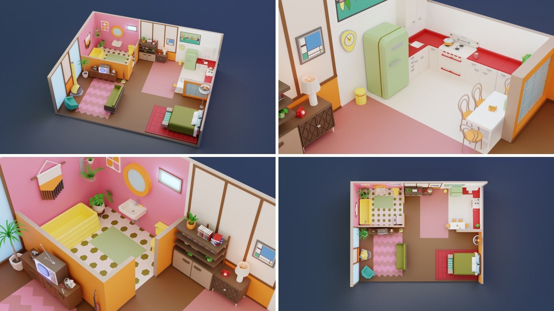 3D model Low Poly Retro Apartments Interiors Pack VR / AR / low-poly ...