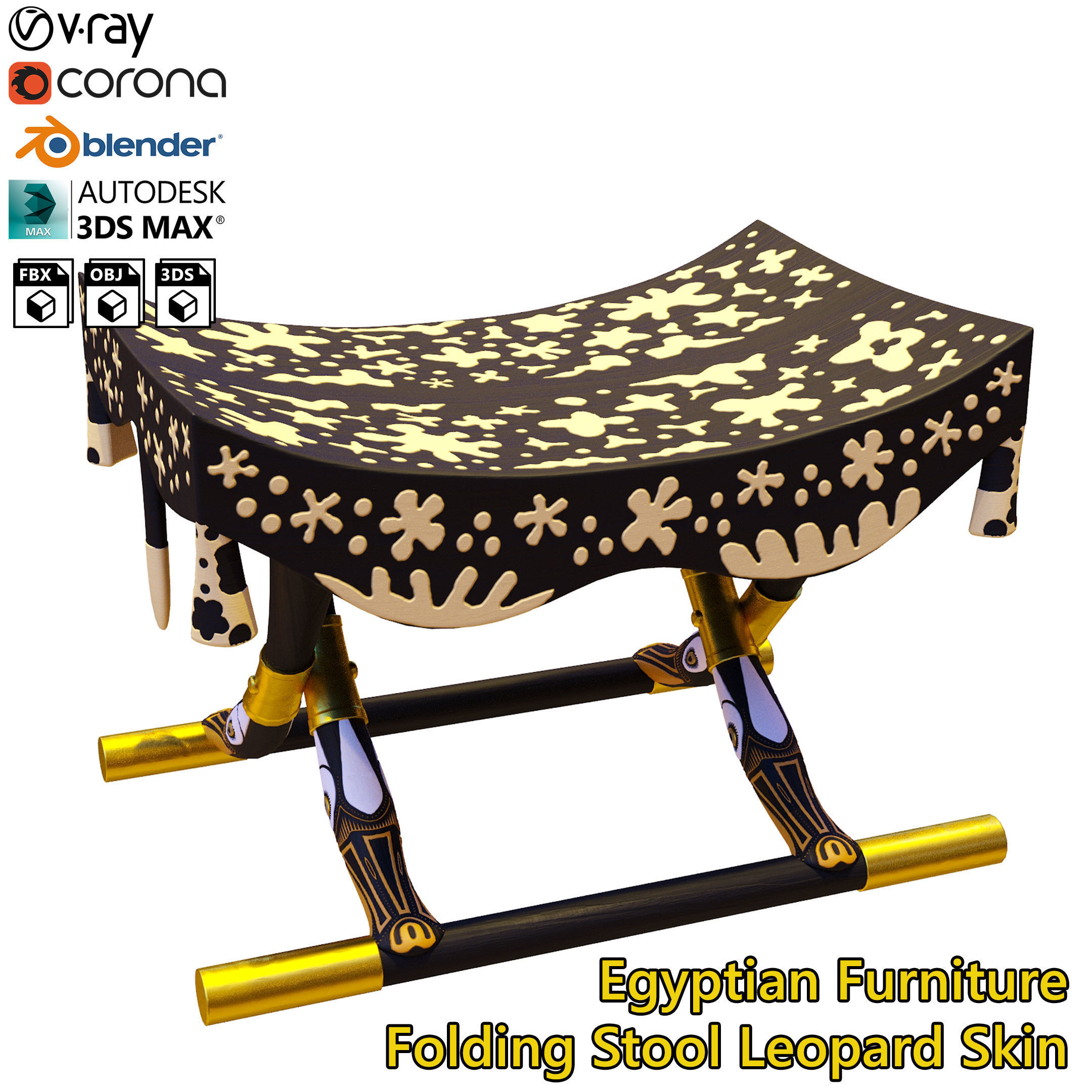 Egyptian Furniture Kit - Folding Stool Leopard Skin 3D model | CGTrader