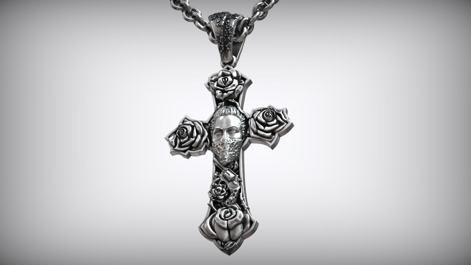 Chicano Tattoo Style Roses Pattern Skull Cross Pendant 3D model 3D ...