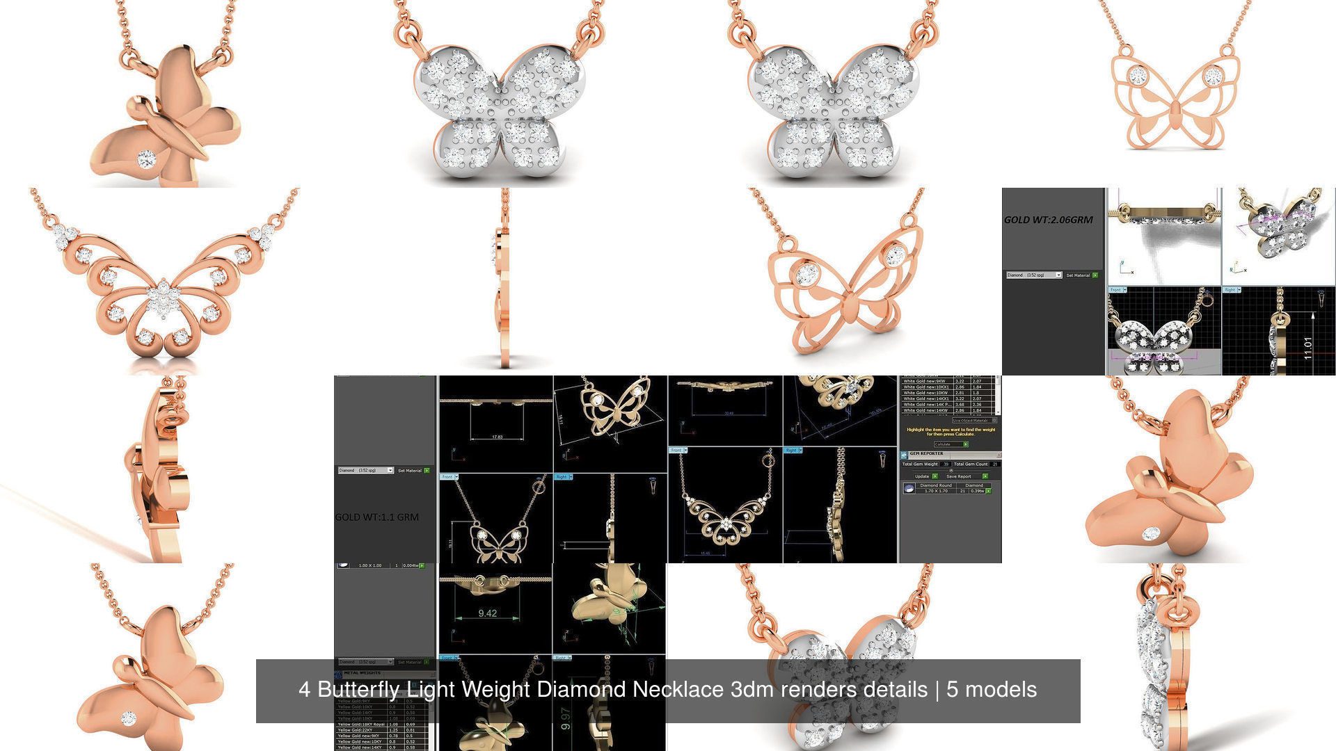 4 Butterfly Light Weight Diamond Necklace 3dm renders details 3D Model ...