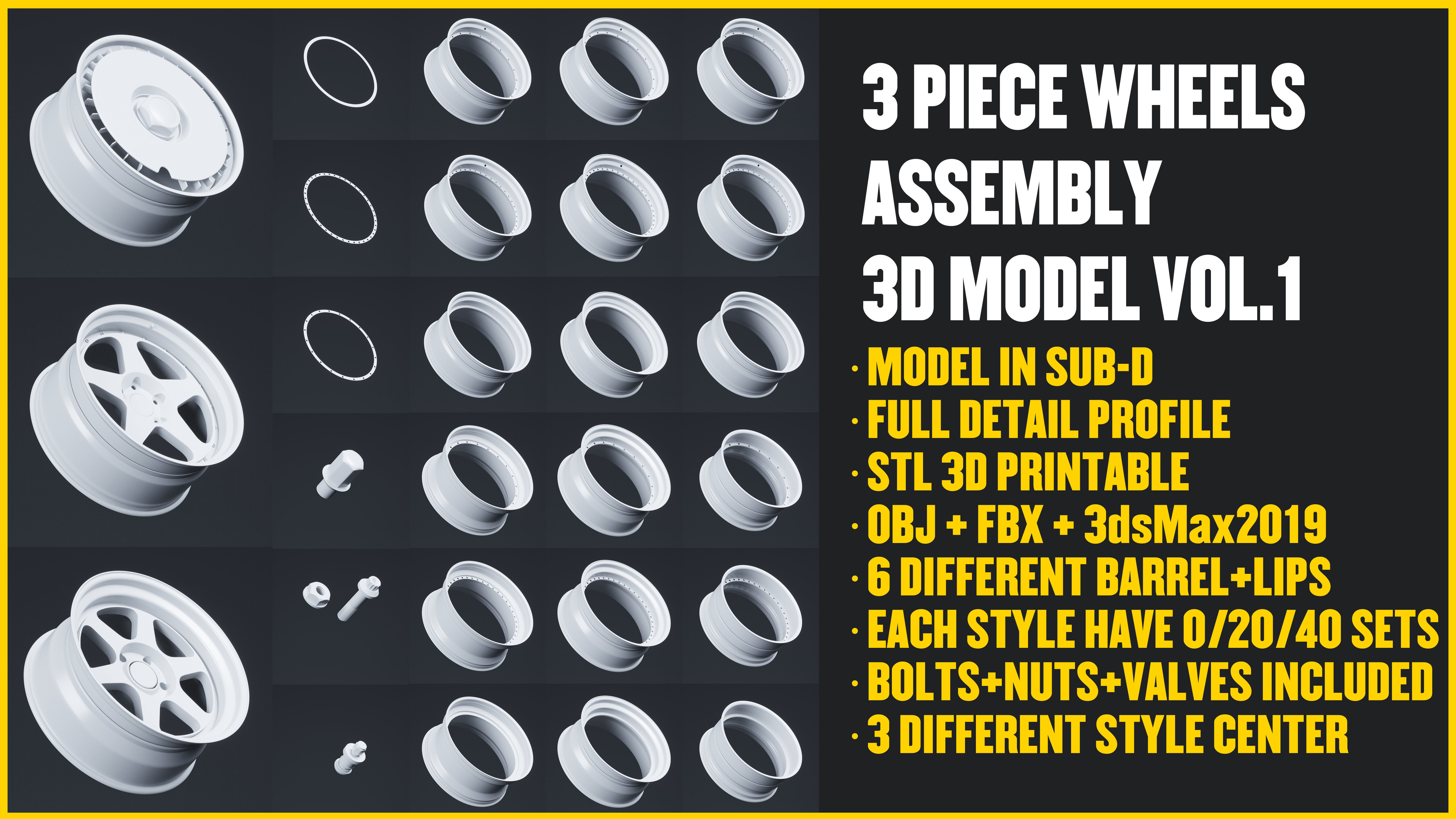 3D model 3 PIECE WHEELS ASSEMBLY PACKAGE VOL 1 VR / AR / low-poly ...