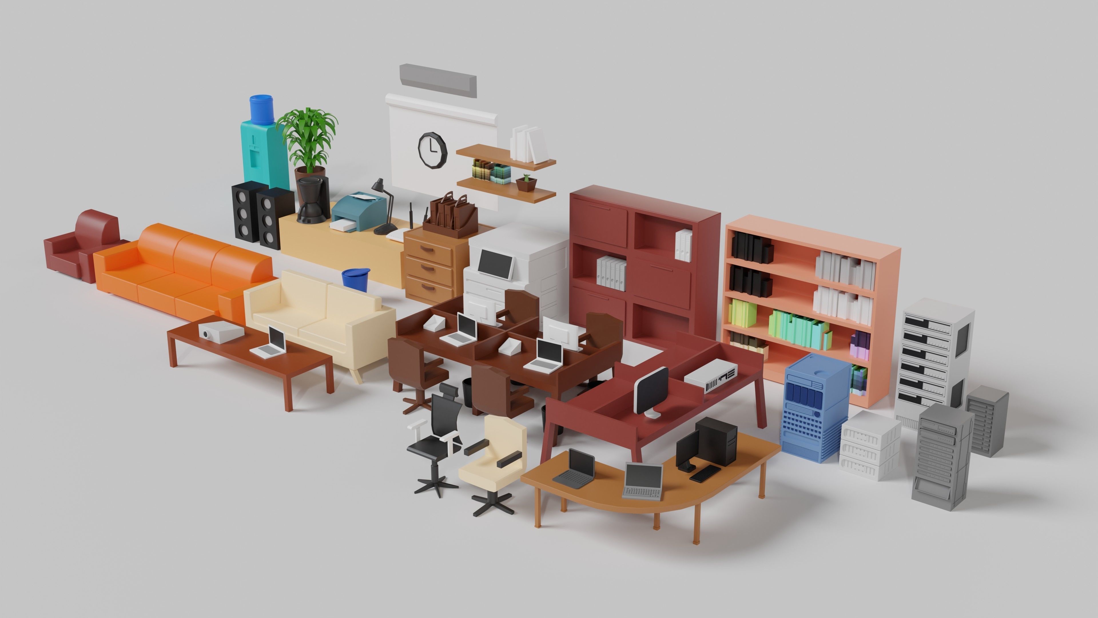 3D model 3d lowpoly simple office furniture and objects assets VR / AR ...