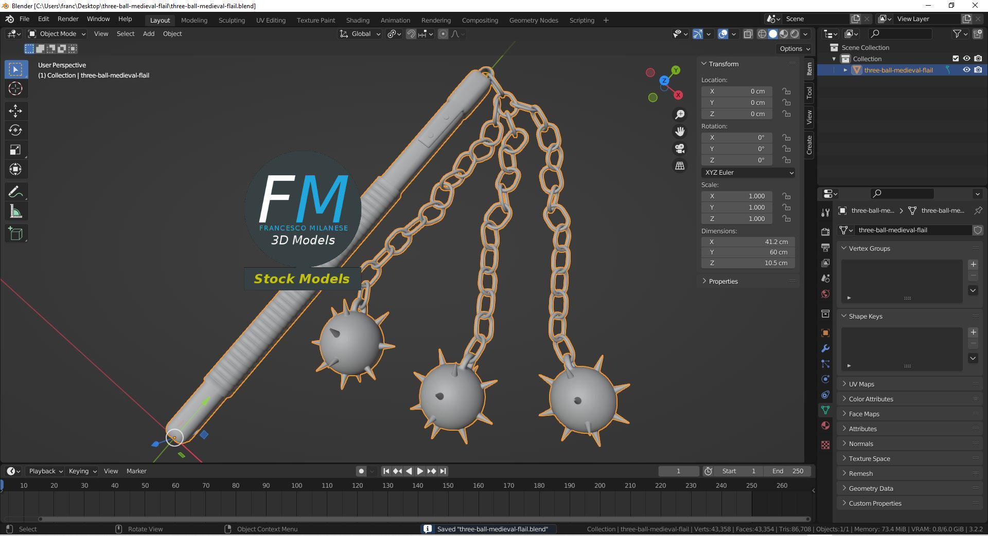 Three ball medieval flail 3D model | CGTrader