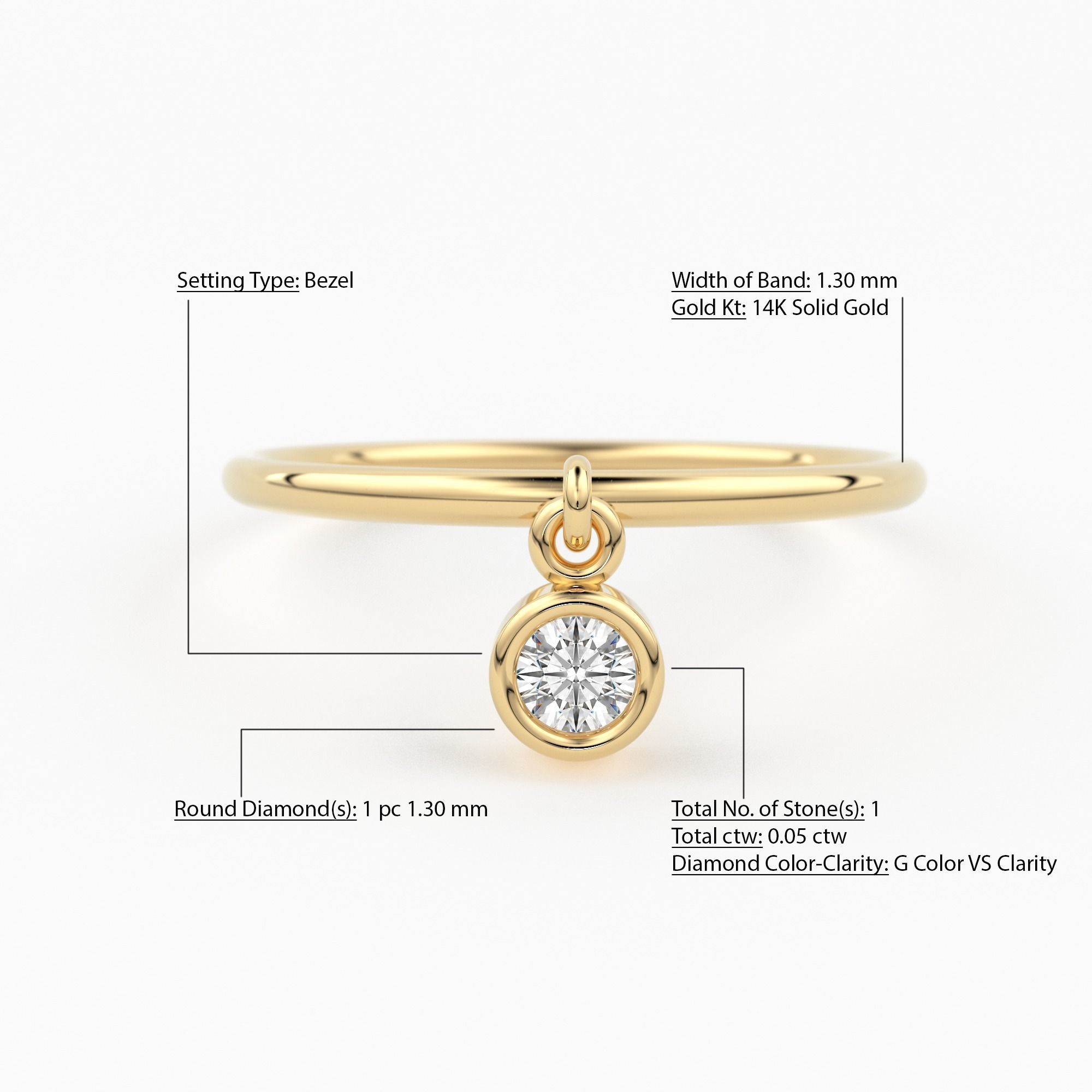 Bezel Diamond Charm Gold Dangle Ring Fashion Jewelry 3D model 3D ...
