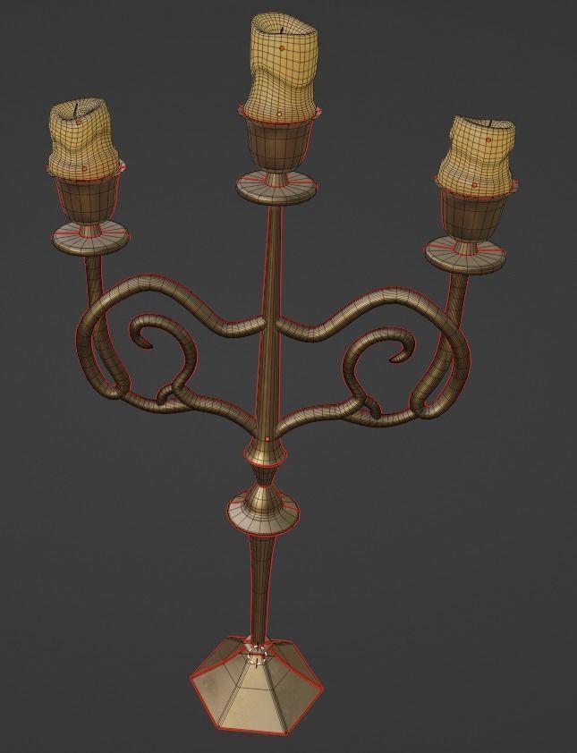 Candlestick PBR 3d model brass with three candles 3D model | CGTrader