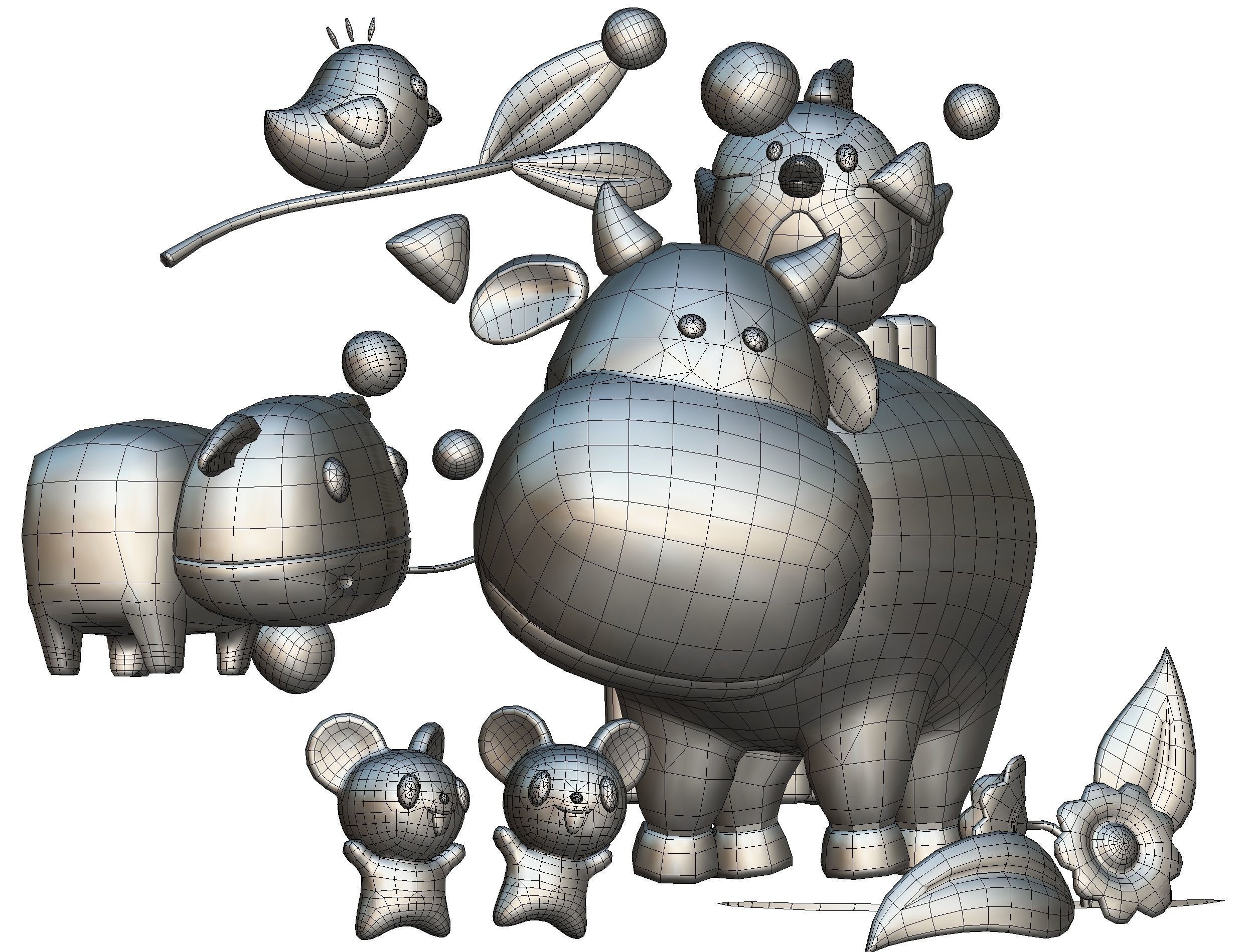 3D model Cartoon 3D illustration Cow Mouse Rooster Chick VR / AR / low ...