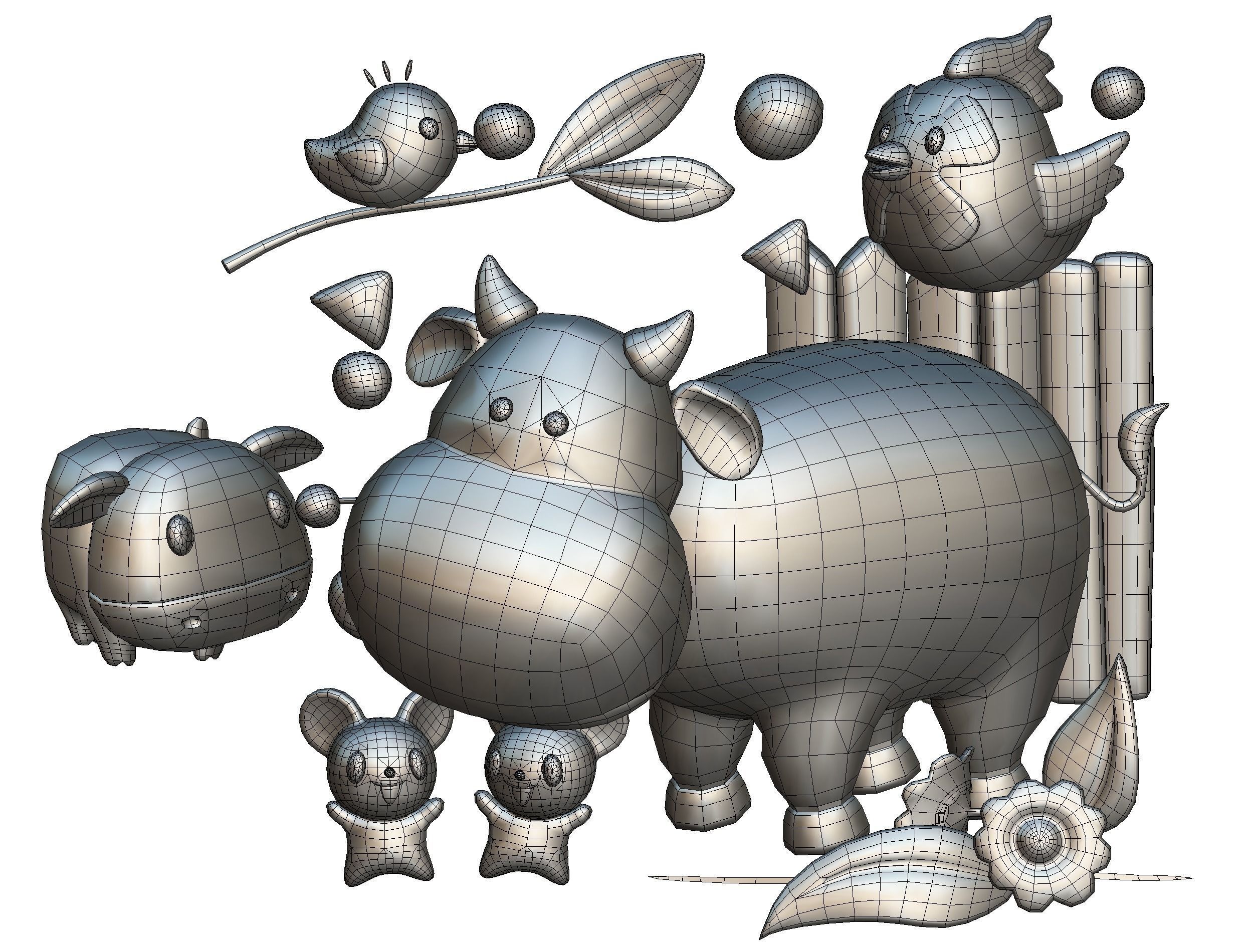3D model Cartoon 3D illustration Cow Mouse Rooster Chick VR / AR / low ...