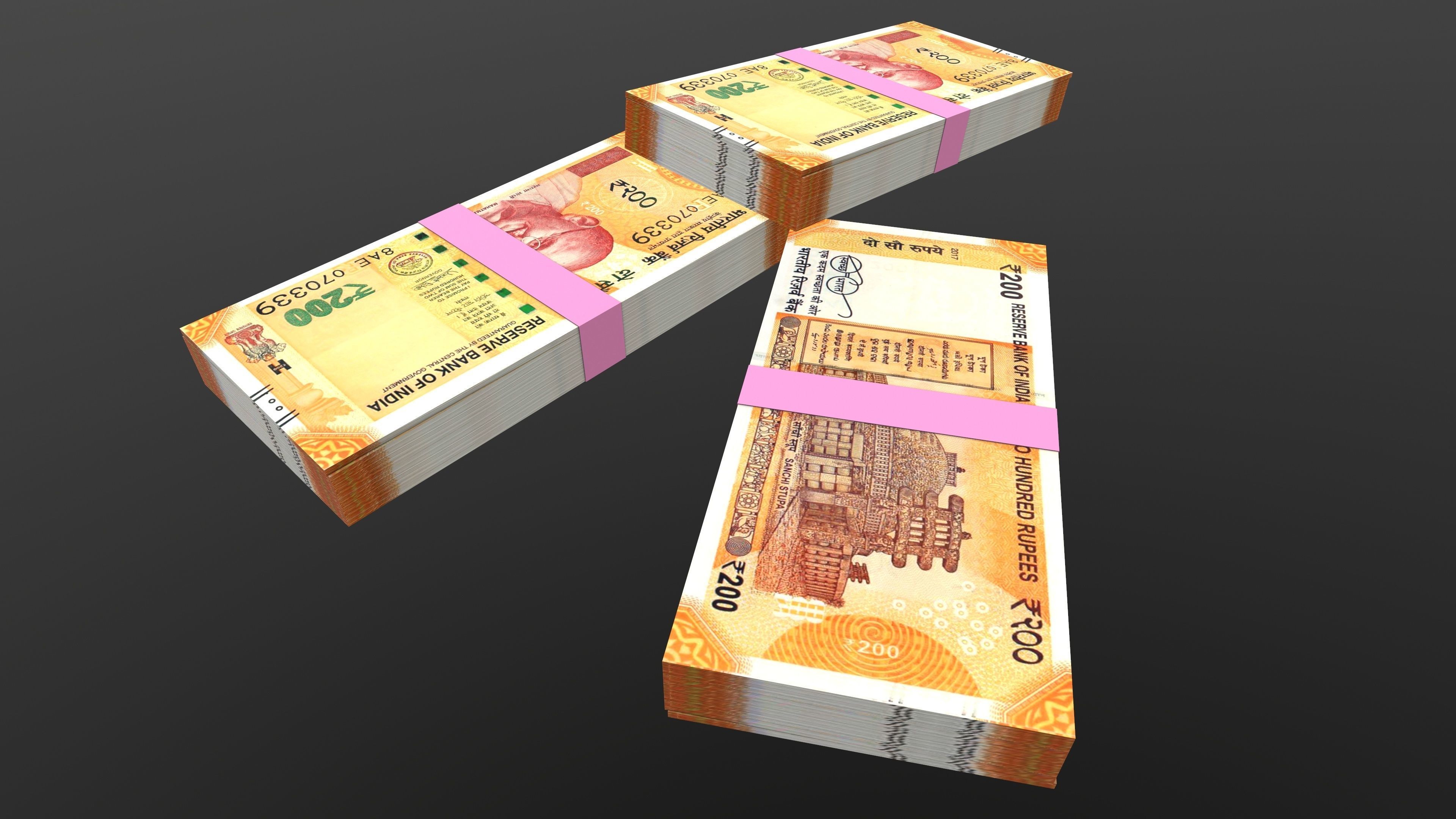 3D model Indian 200 Note Currency Bundle AR VR PBR VR / AR / low-poly ...