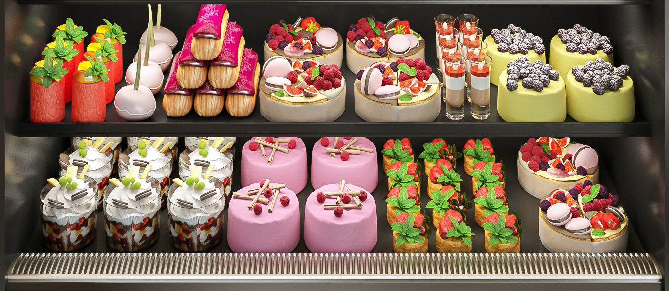 Showcase with desserts cakes and pastries 3D model | CGTrader