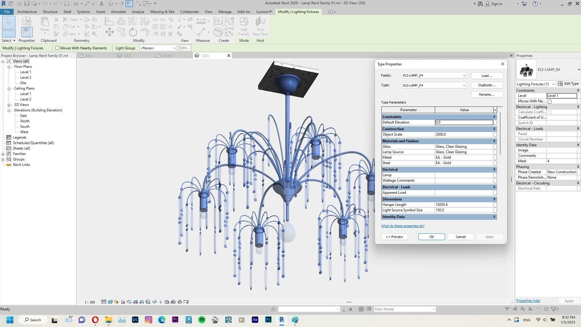 Chandelier or Classical Hanging Lamp Revit Family Interior 3D model ...