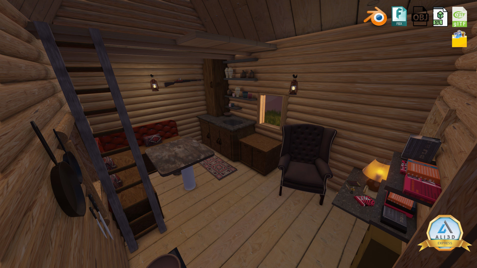 Detailed Log Cabin with Interior and Texture Lighting 3D model animated ...