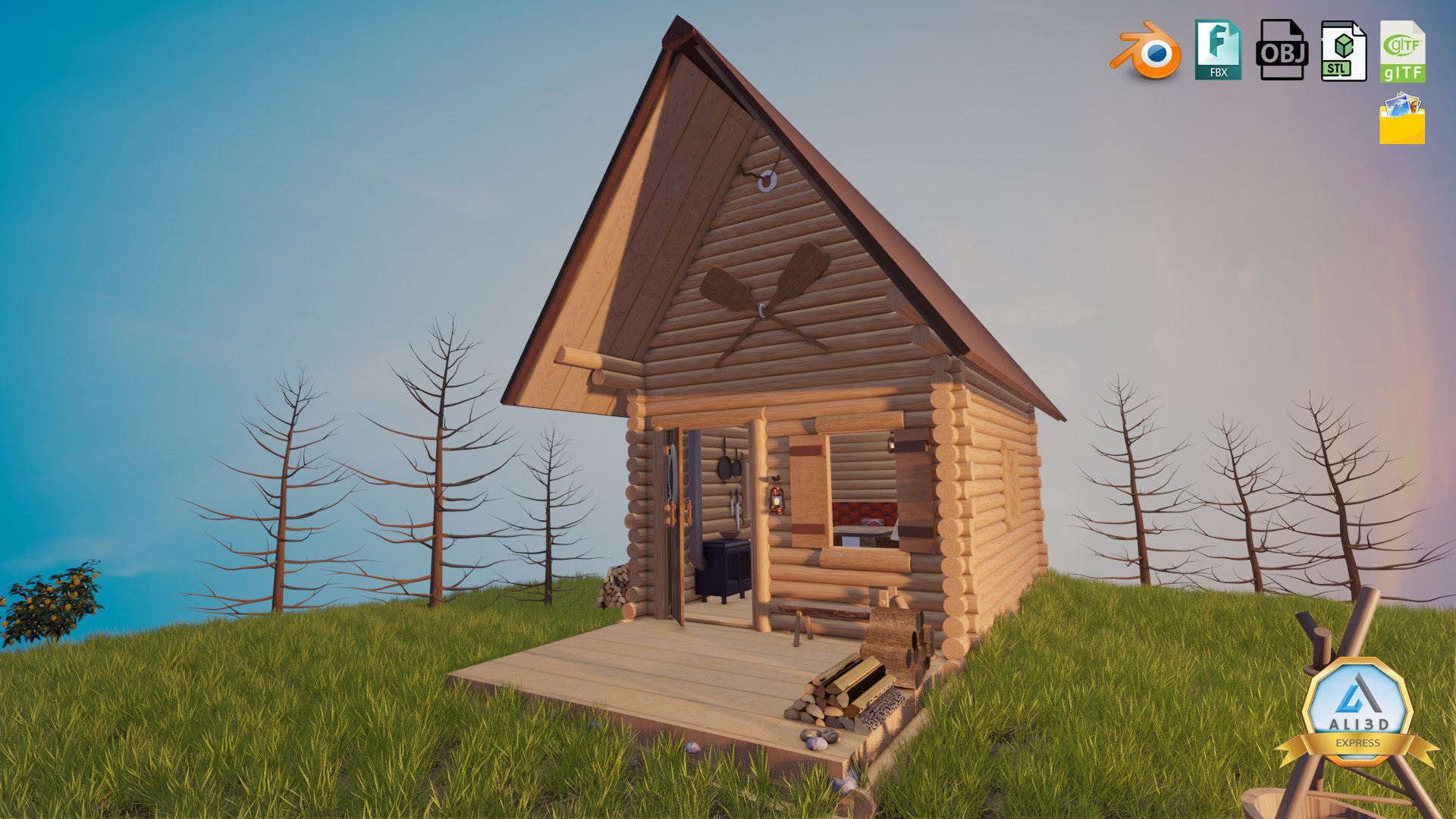 Detailed Log Cabin with Interior and Texture Lighting 3D model animated ...
